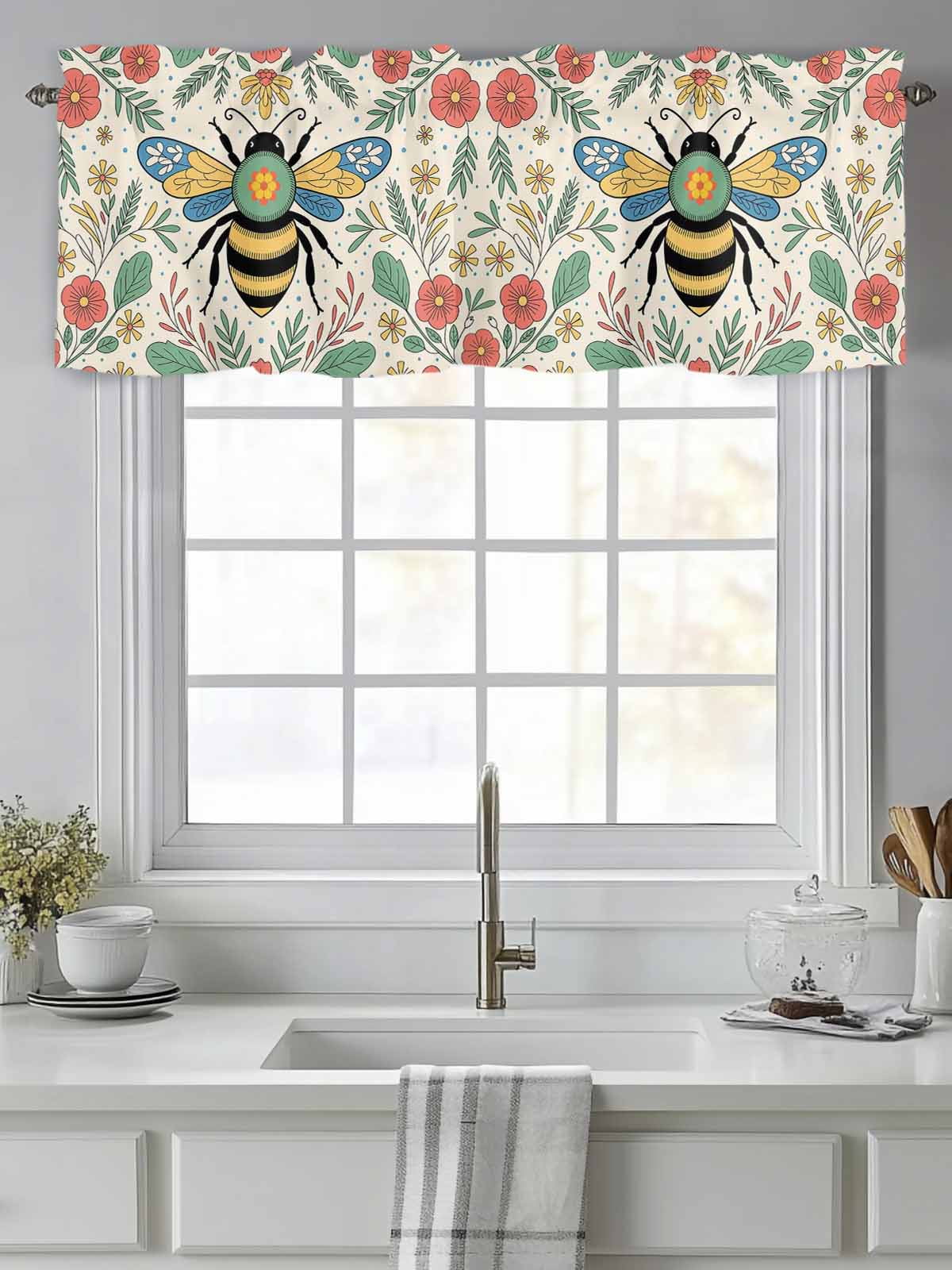 Bumble Bee Flower Leaves Valances for Windows,Kitchen Valance Rod ...
