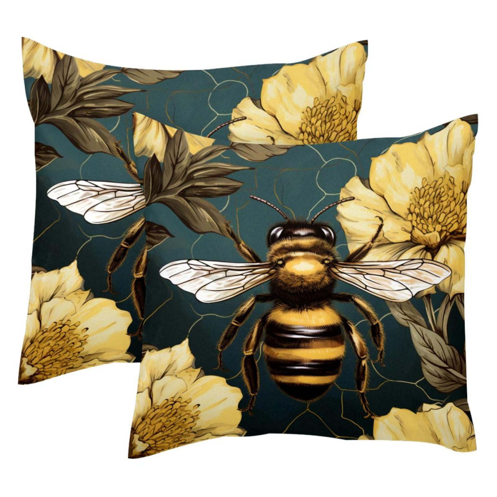 Bumble Bee Flying on Flower 2PCS Throw Cushion Covers Soft Velvet ...