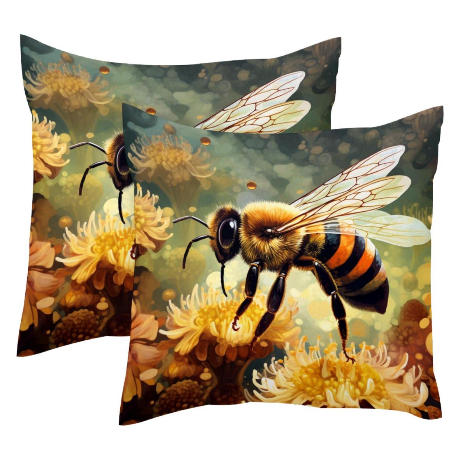 Bumble Bee Flying on Flower Pack of 2 Pillow Covers 18x18 Inch ...