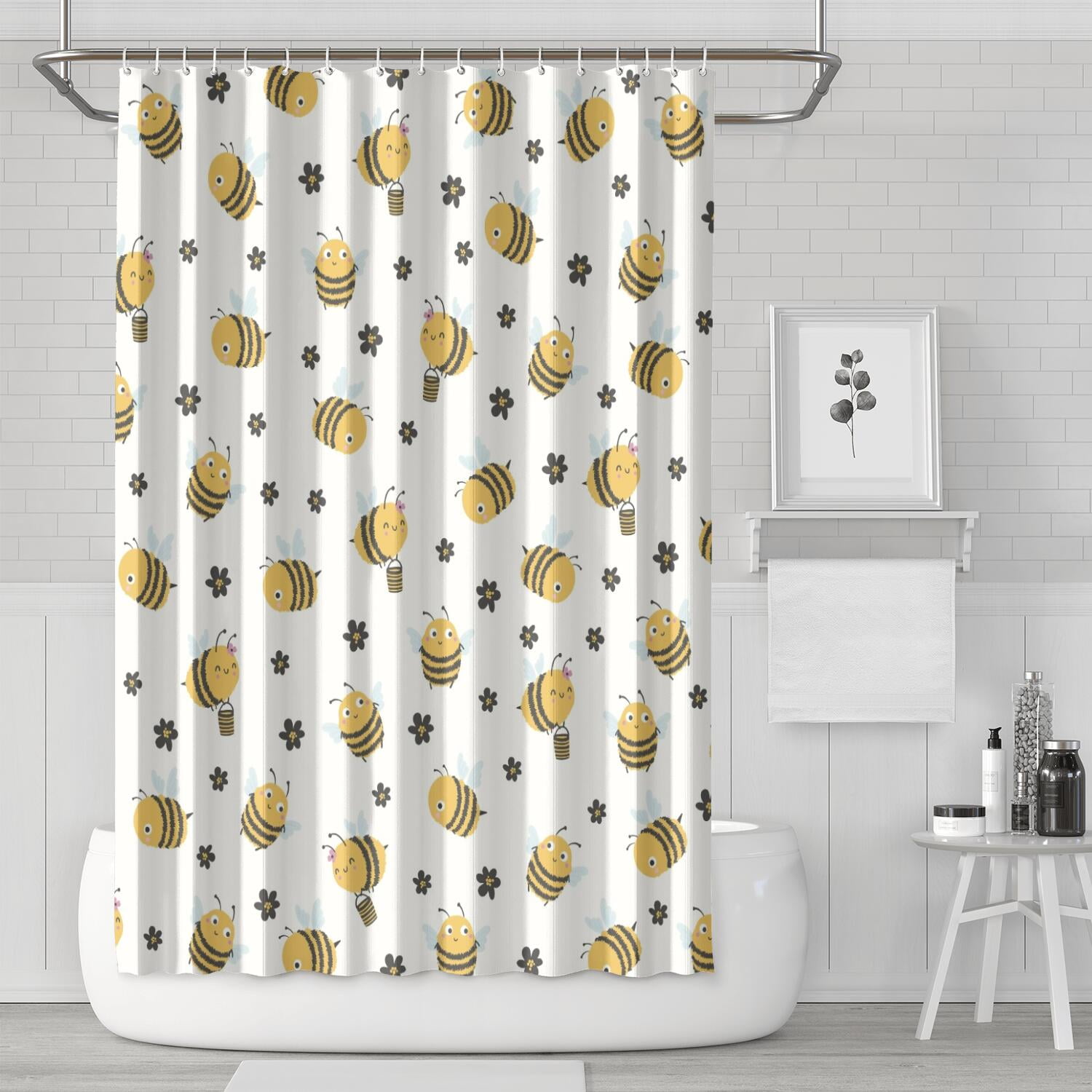 Bumble Bee & Honeycomb Shower Curtain - Waterproof Quick-Dry Bathroom Drape, Yellow Cartoon Bee ...