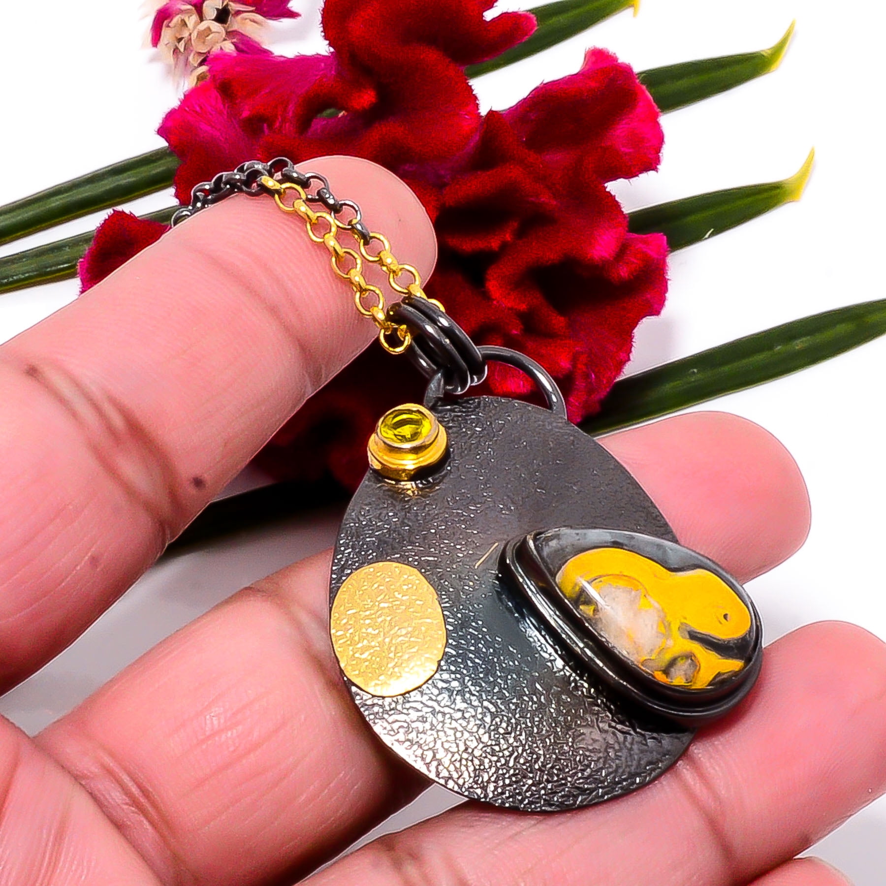 Bumble Bee Jasper - Indonesia & Citrine Black And Gold Rhodium 925 ...