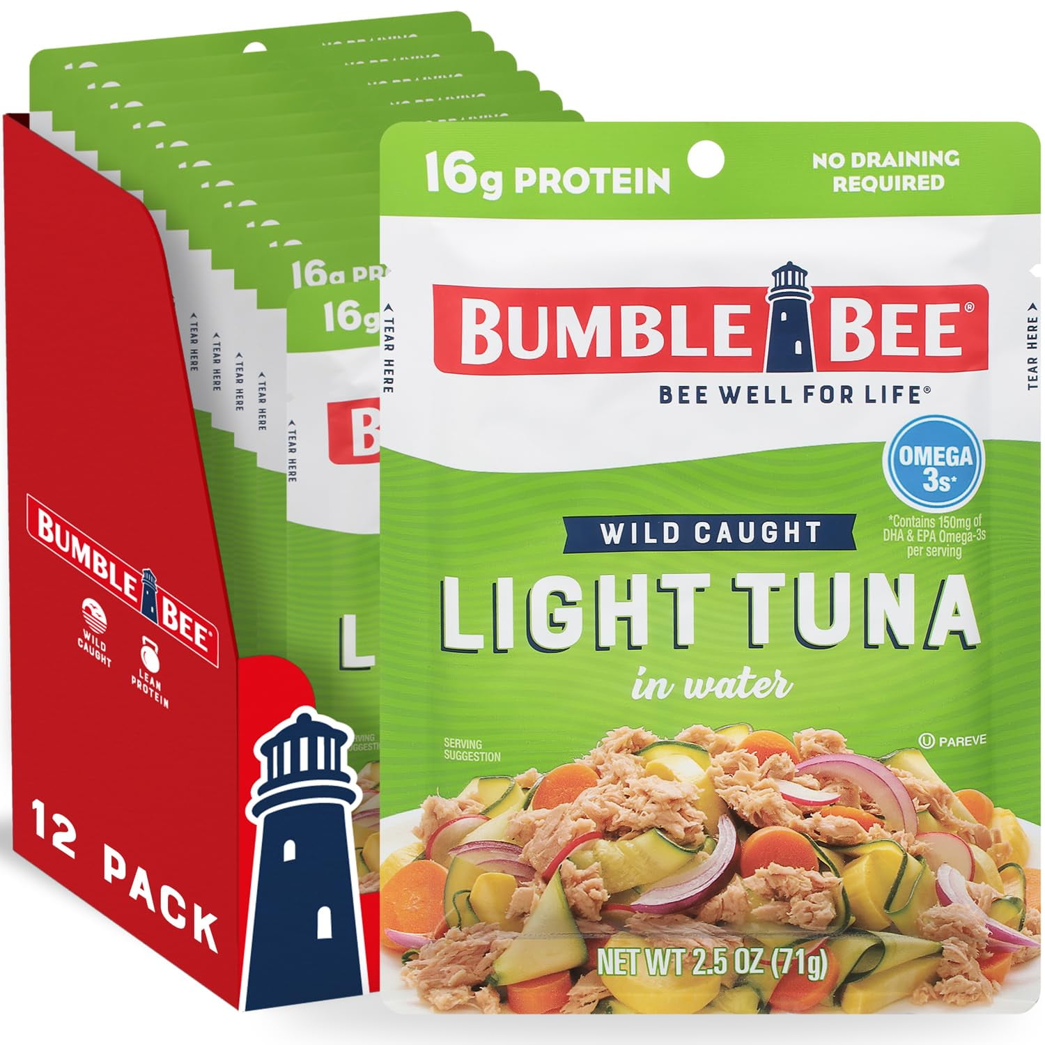 Bumble Bee Light Tuna Pouch in Water, 2.5 oz Pouch (Pack of 12) - Ready ...