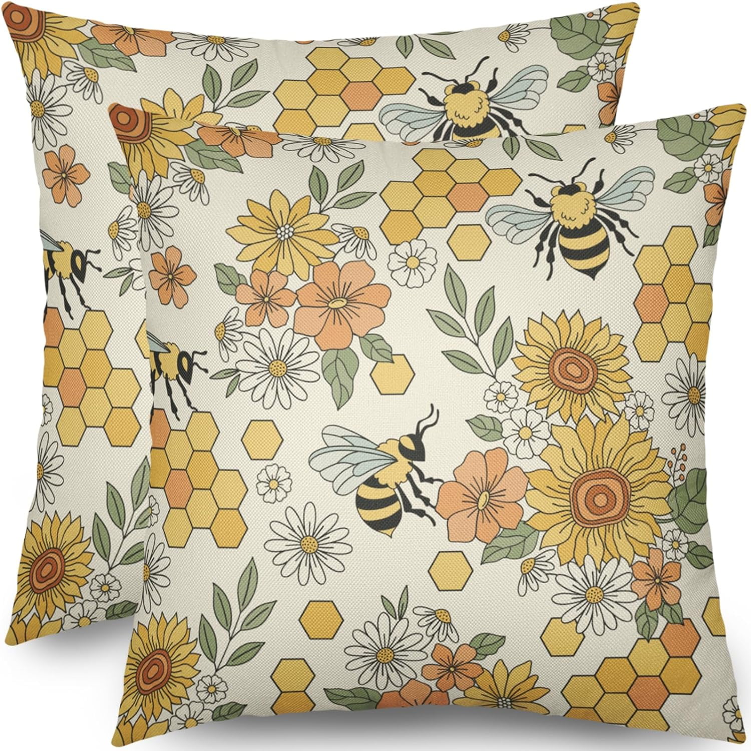 Bumble Bee Pillow Covers 16x16 Set of 2 Summer Sunflower Daisy Floral ...