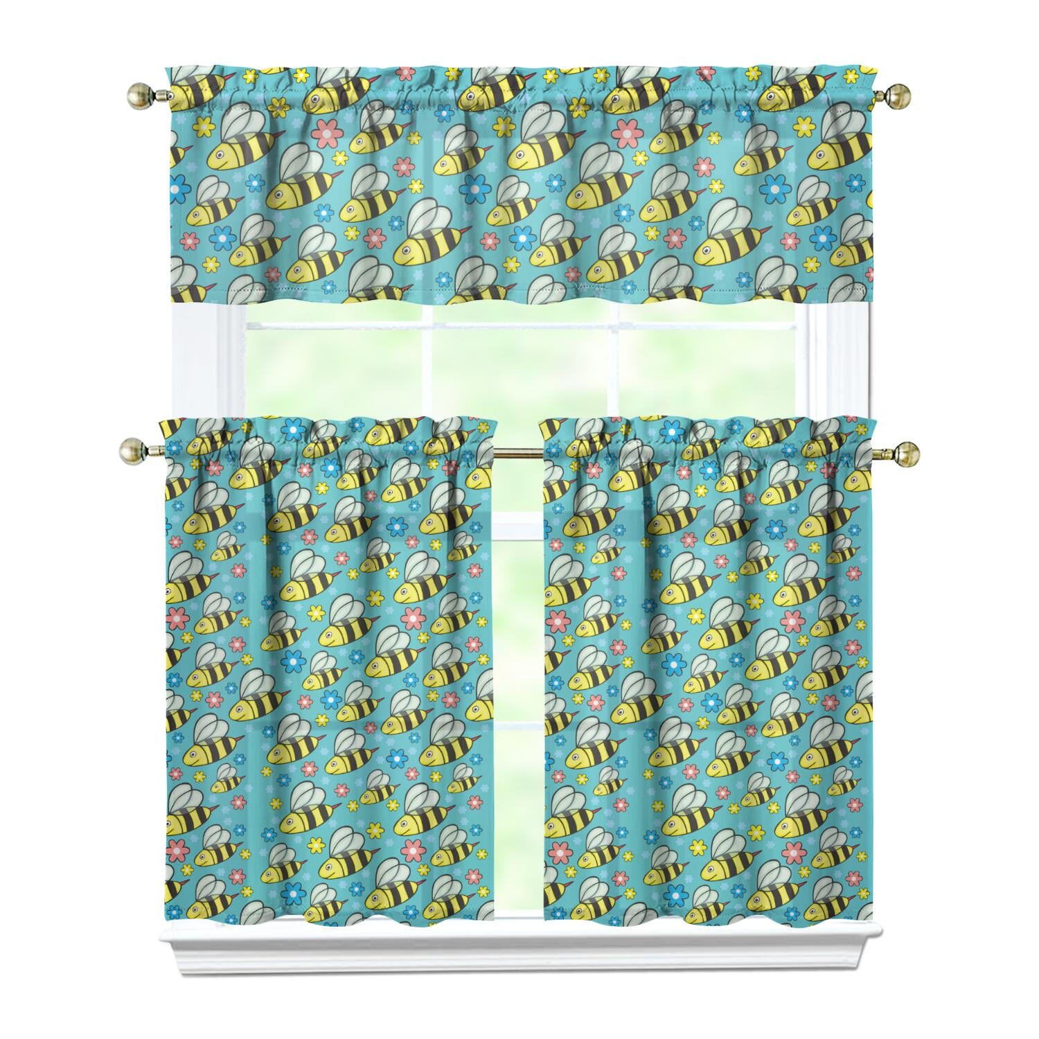 Bumble Bee Print Kitchen Curtains Set - 3 Piece Honeycomb Design, Semi ...