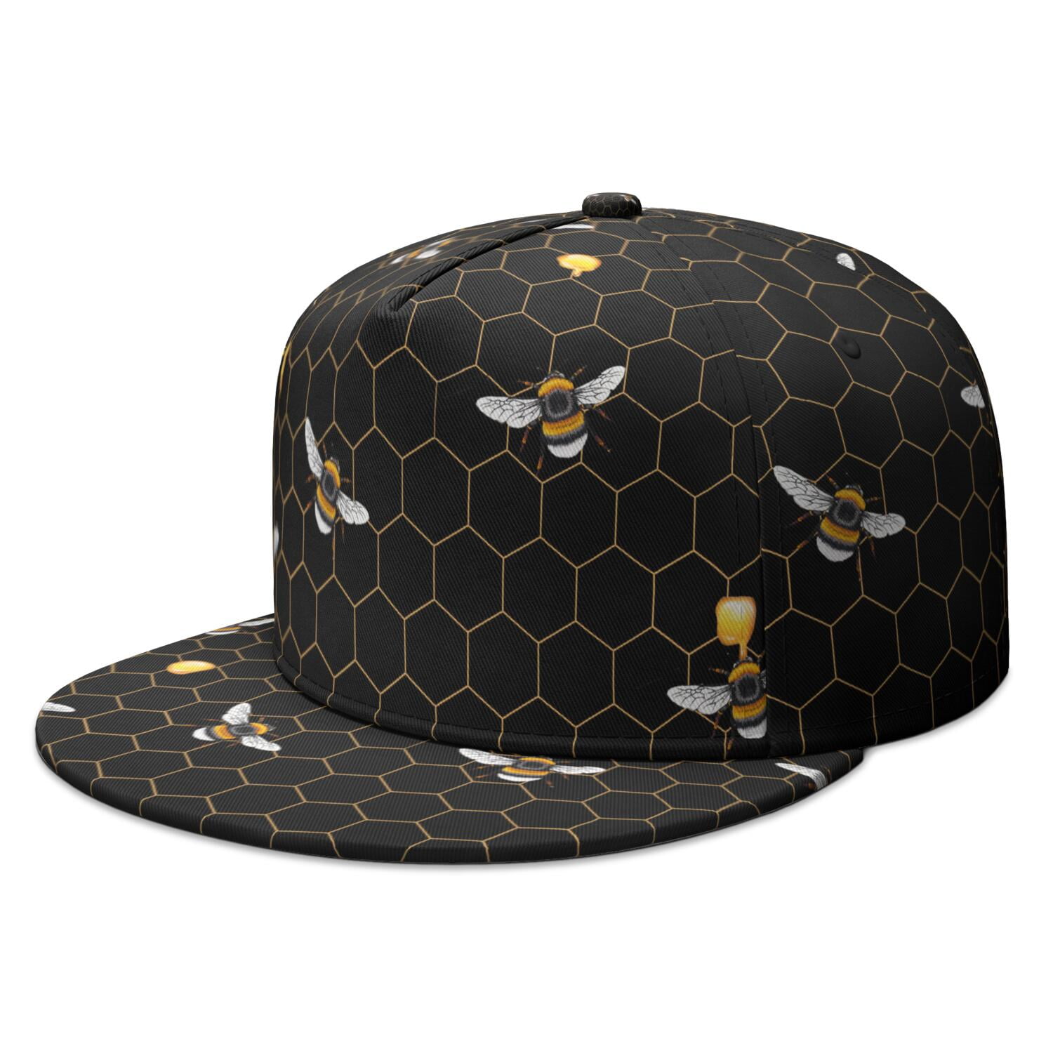 Bumble Bee Snapback Hat - Honeycomb Print Flat Brim Cap for Men & Women ...