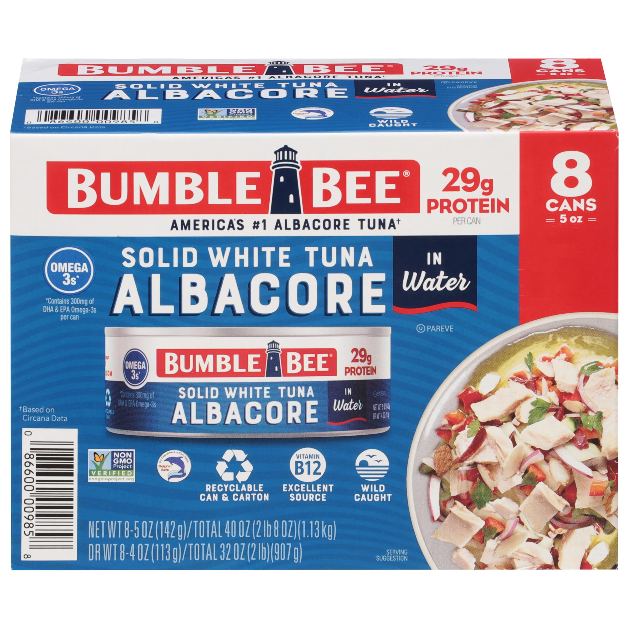 Bumble Bee SolidUMRT White Albacore Tuna in Water, 5 oz Can (Pack of 8) - Wild Caught Tuna - 29g ...