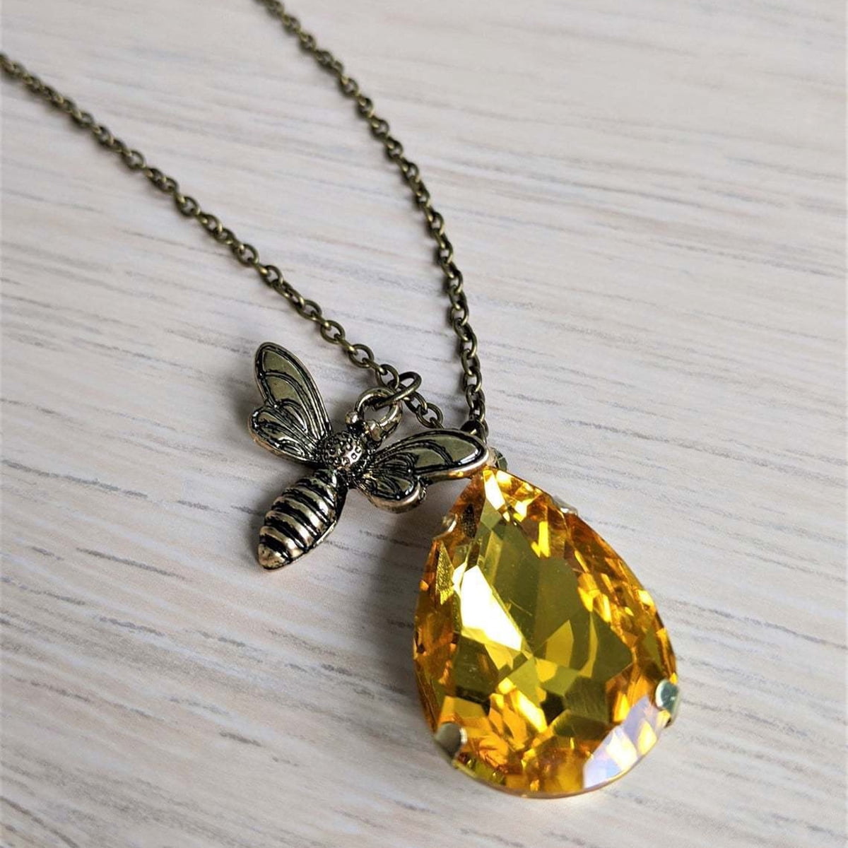 Bumble Bee and Honey Drop Necklace Honey Bee Necklace Large Honey Glass ...