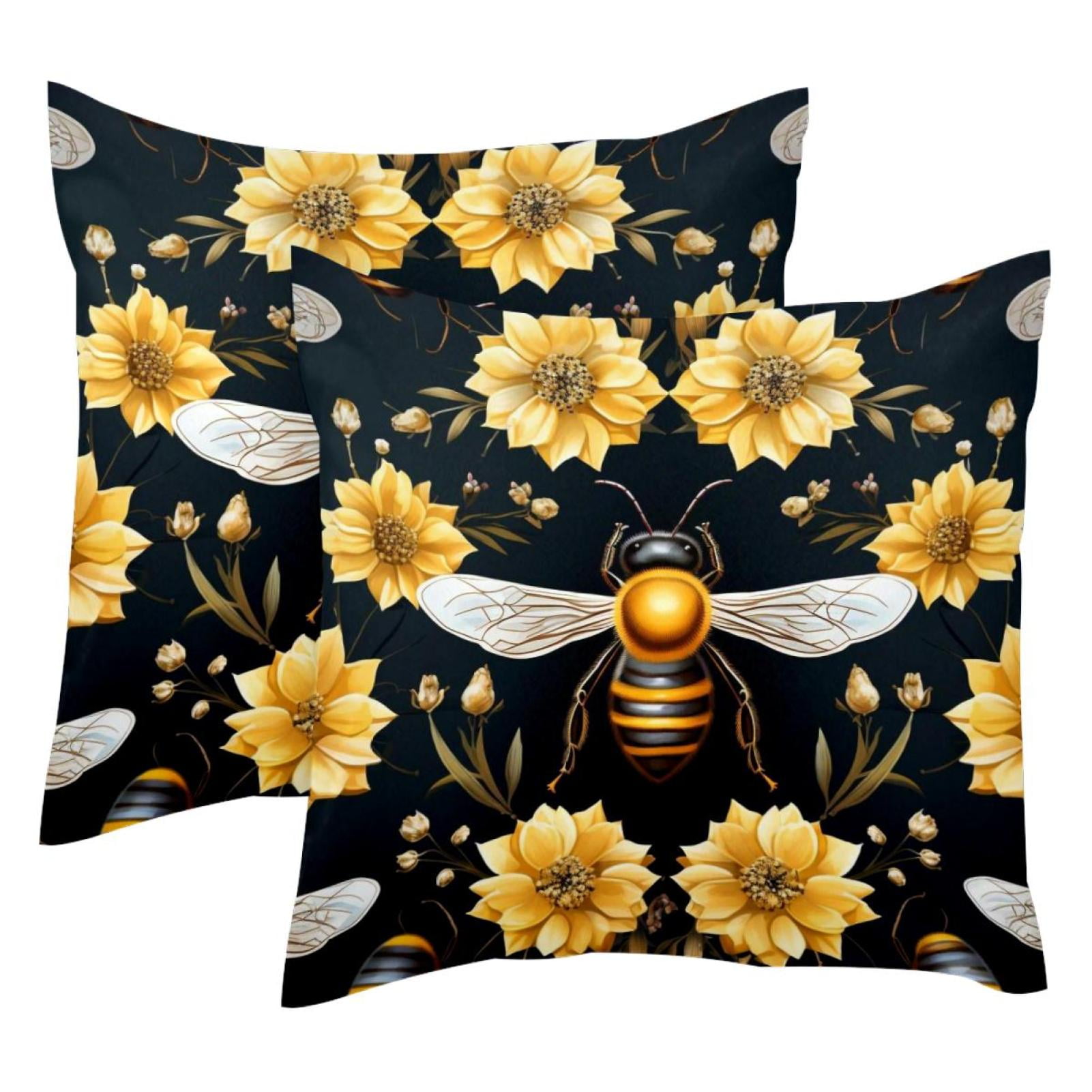 Bumble Bees on Blossom Flower 2PCS Throw Cushion Covers Soft Velvet ...