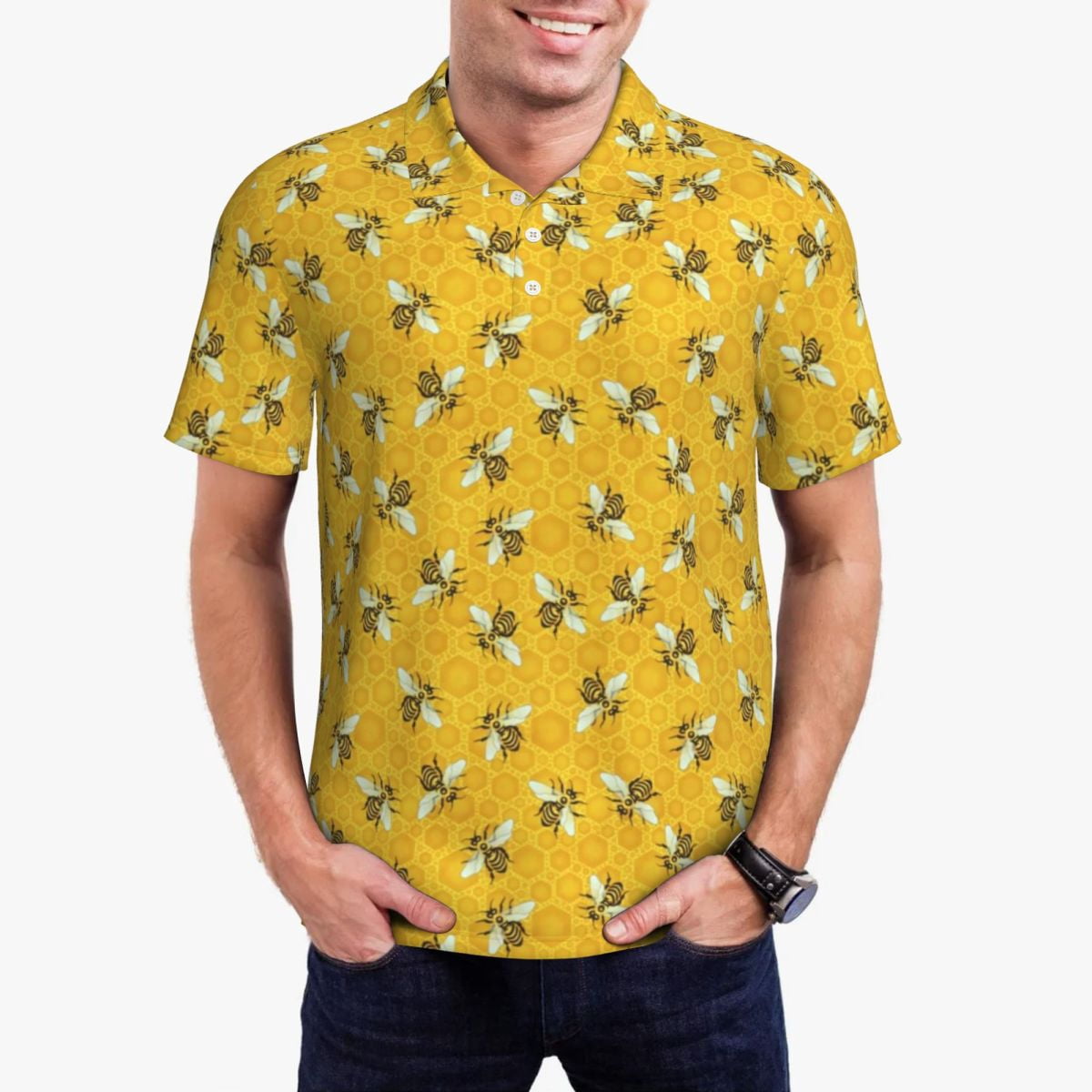 Bumble Bees Casual T-Shirts Cute Hycomb Print Polo Shirt Turn-Down ...