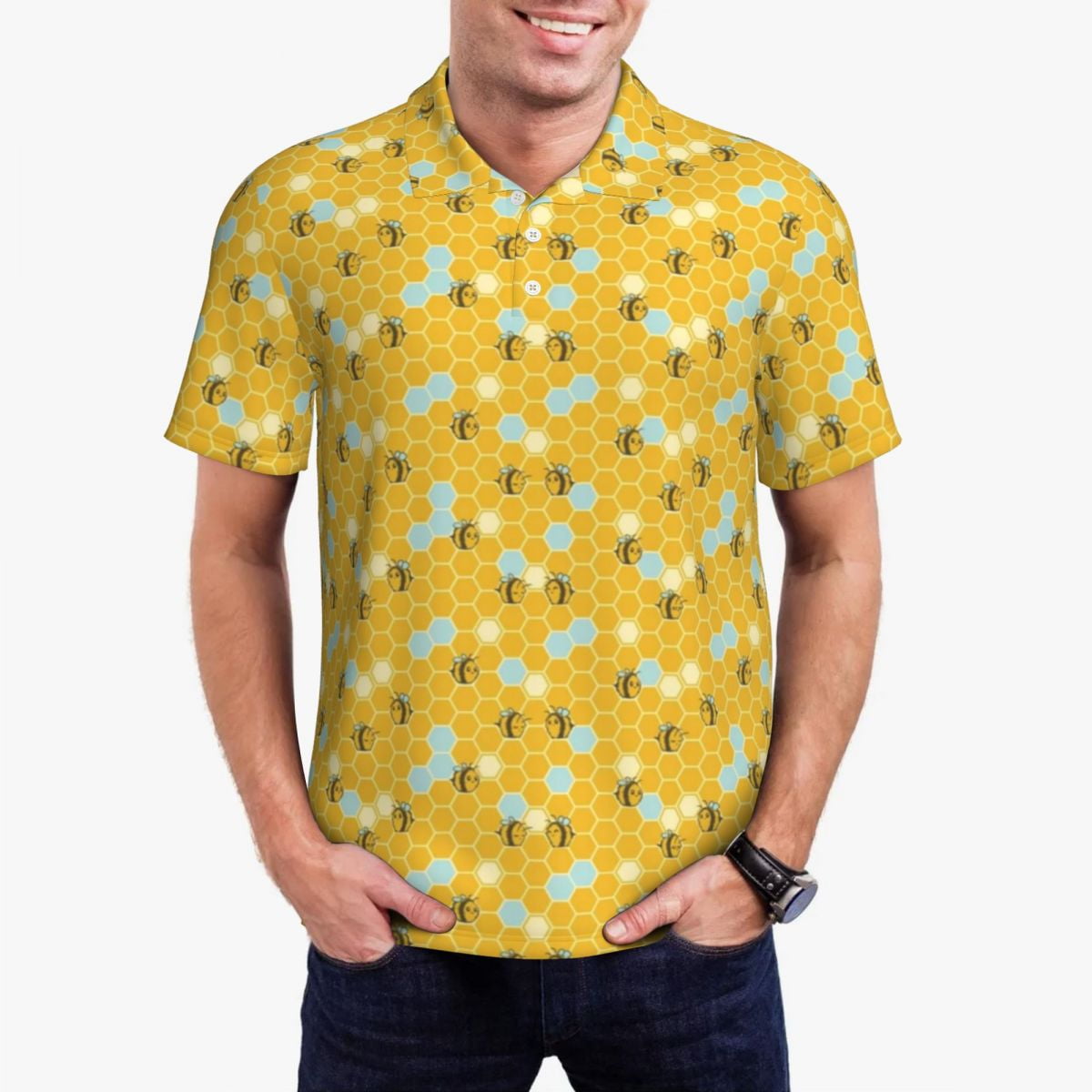 Bumble Bees Casual T-Shirts Cute Hycomb Print Polo Shirt Turn-Down ...