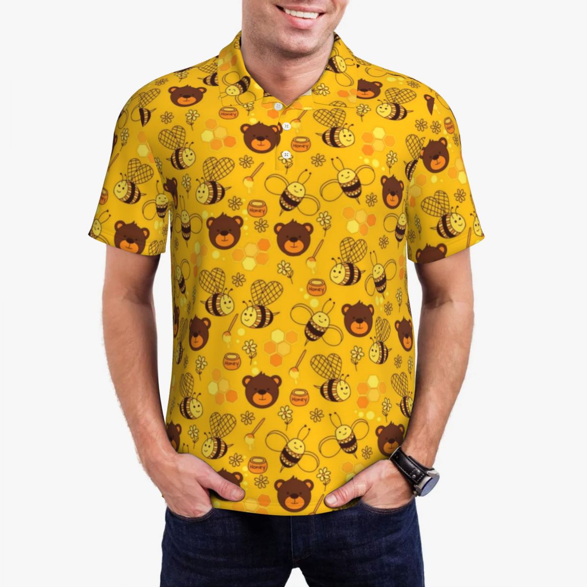 Bumble Bees Casual T-Shirts Cute Hycomb Print Polo Shirt Turn-Down ...