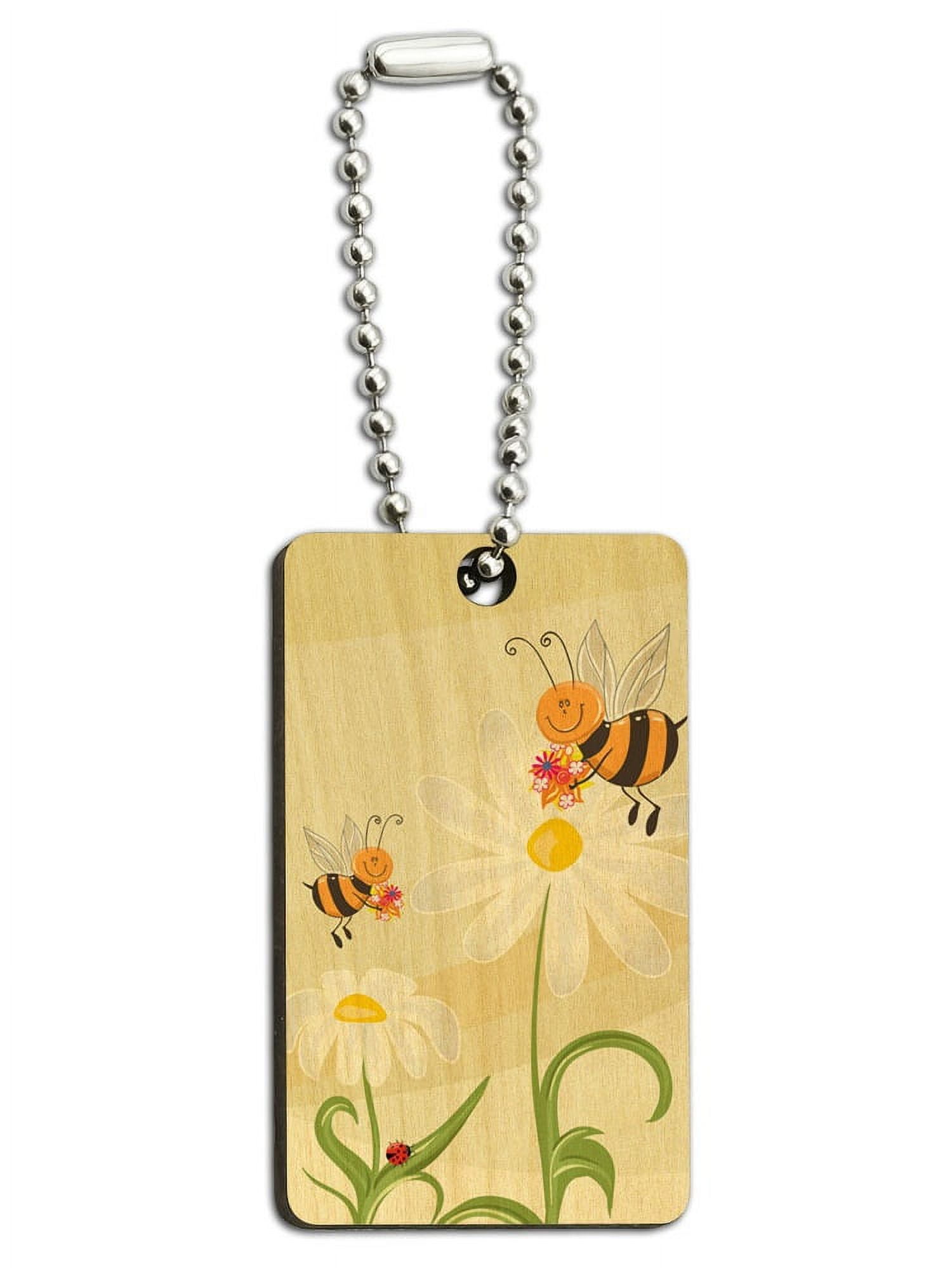 Bumble Bees and Ladybugs on Daisies - Flowers Wood Rectangle Key Chain ...