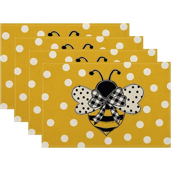 Bumble bee Placemats Set of 4, Yellow Polka Dots Honey Bee Decorative ...