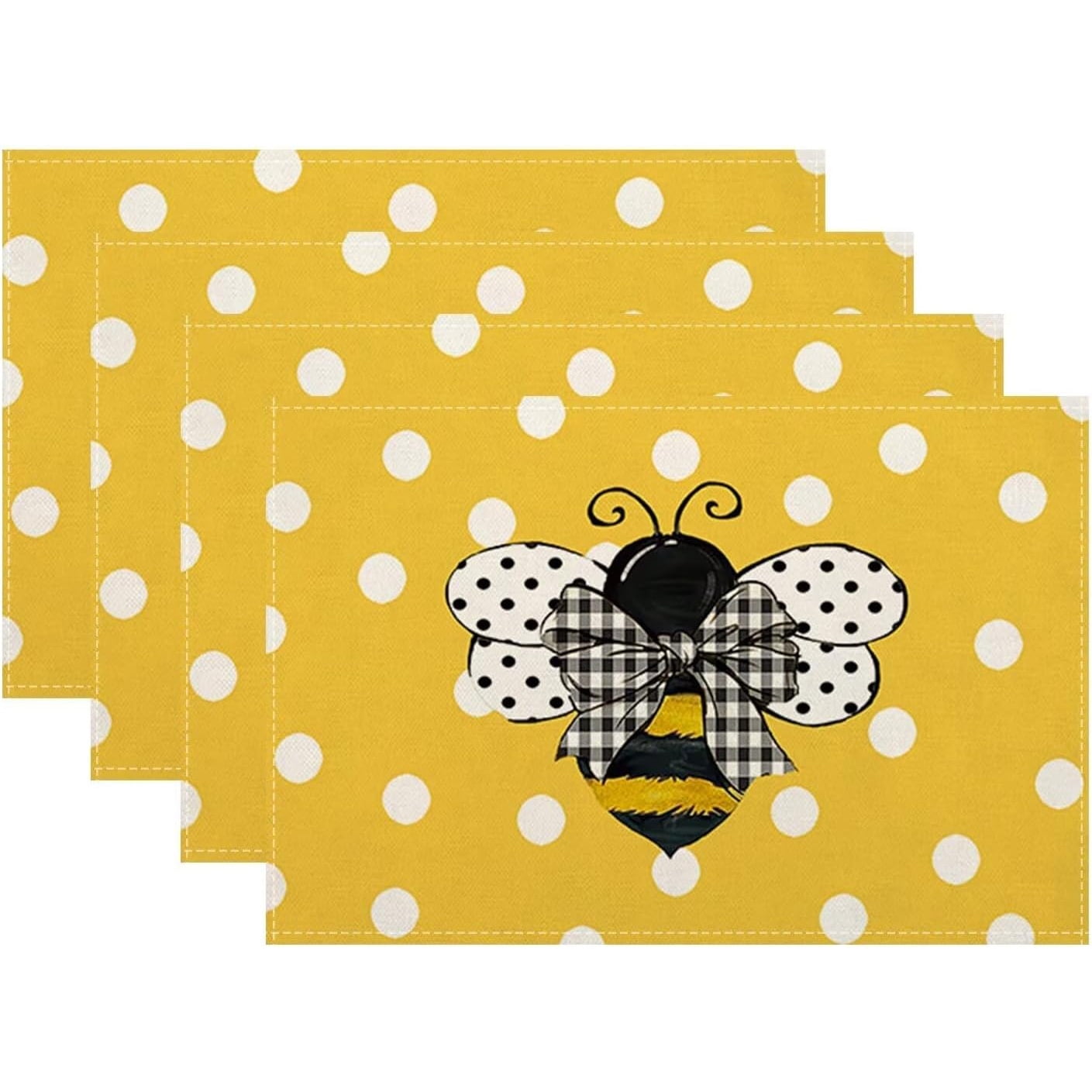 Bumble bee Placemats Set of 4, Yellow Polka Dots Honey Bee Decorative ...