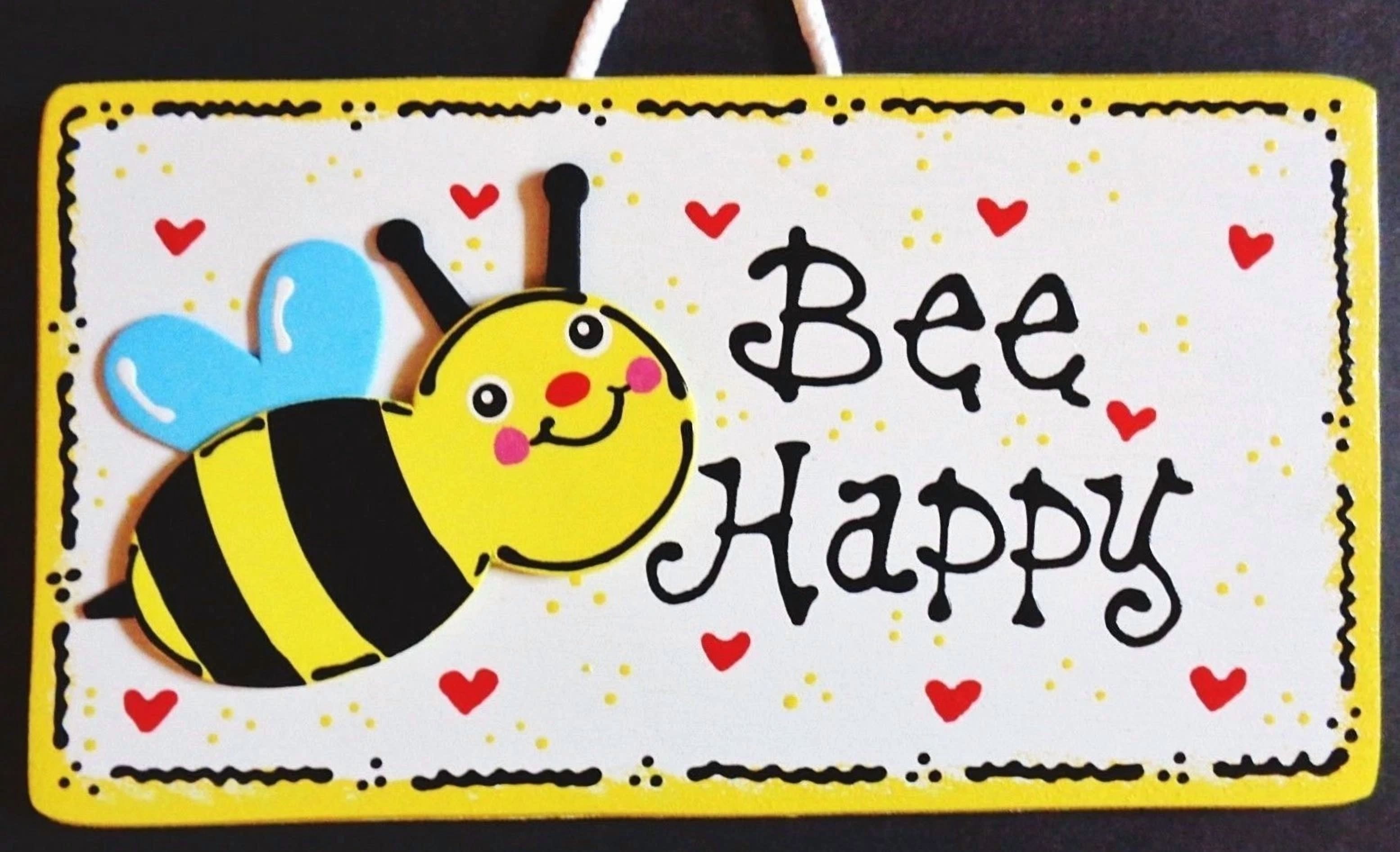 Bumblebee Bee Happy Sign Wall Art Hanger Family Plaque Door Deck Patio ...