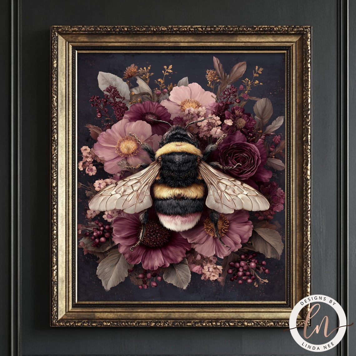 Bumblebee Floral Print, Dark Botanical Wall Art, Unframed Paper Poster ...