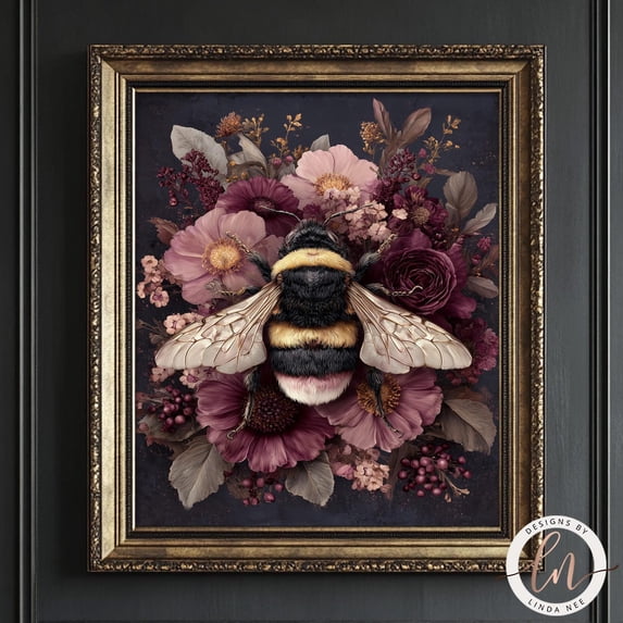 Bumblebee Floral Print, Dark Botanical Wall Art, Unframed Paper Poster ...
