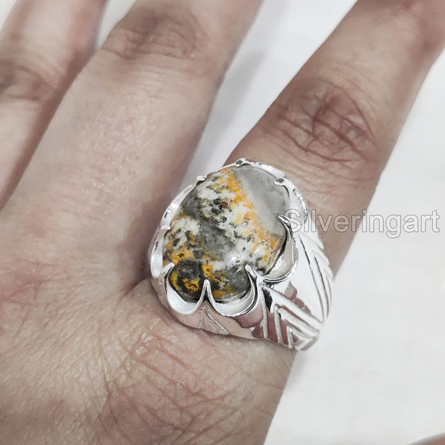 Bumblebee Jasper Mans Ring, Natural Bumblebee Jasper, Silver Jewelry, 925 Silver Ring, Birthday ...