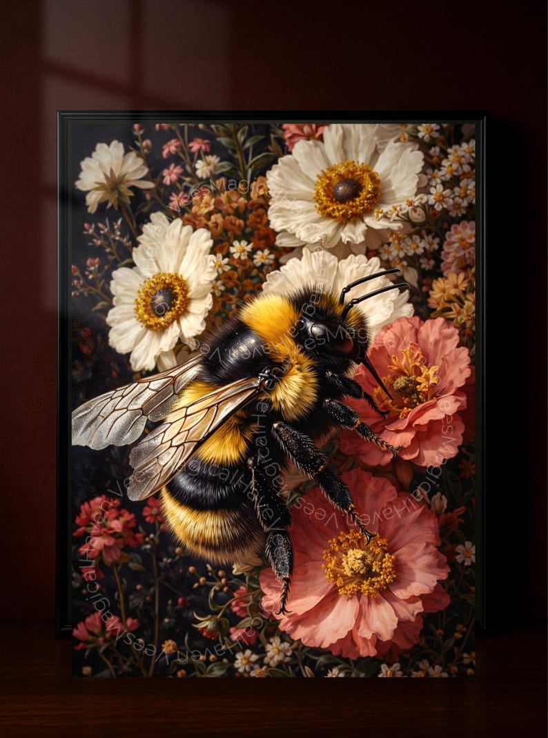 Bumblebee On Flower Botanical Garden Illustration poster Wall Art Decor ...