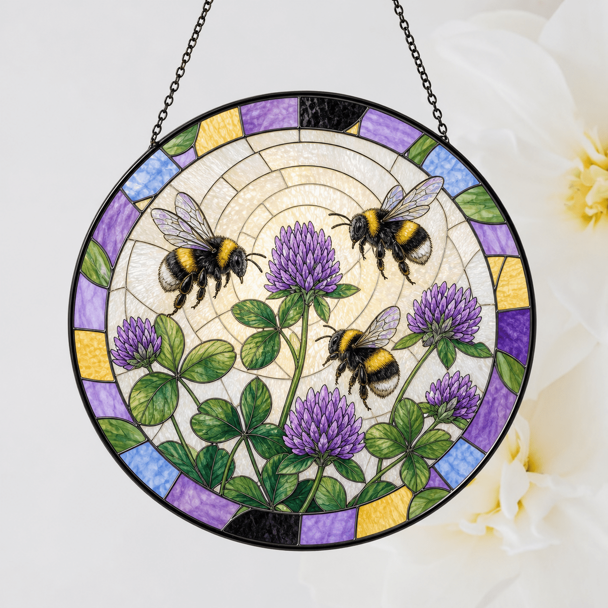 Bumblebee Stained Glass Suncatcher Window Hanging with Clover Blossoms ...