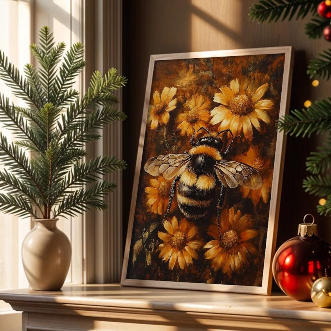 Bumblebee & Wildflower Botanical Poster Rustic Farmhouse Wall Art Home ...