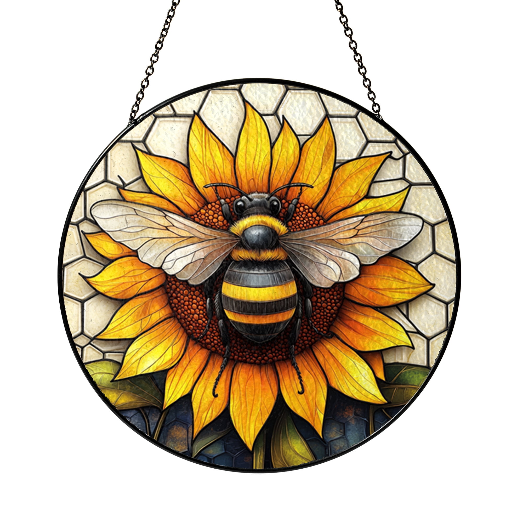 Bumblebee and Sunflower Stained Glass Suncatcher, Round Bright Floral ...