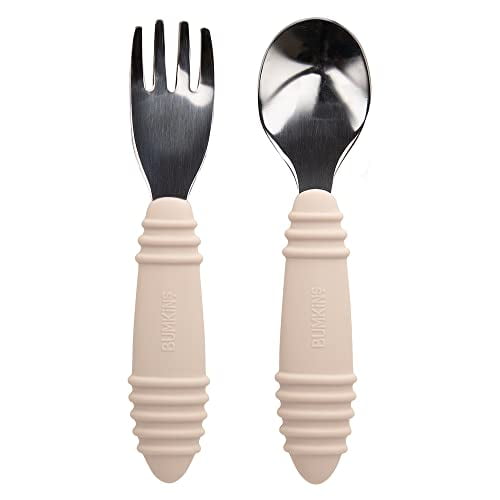 Bumkins Utensils, Silicone and Stainless Steel Kids Fork and Spoon Set Toddler Silverware Self ...