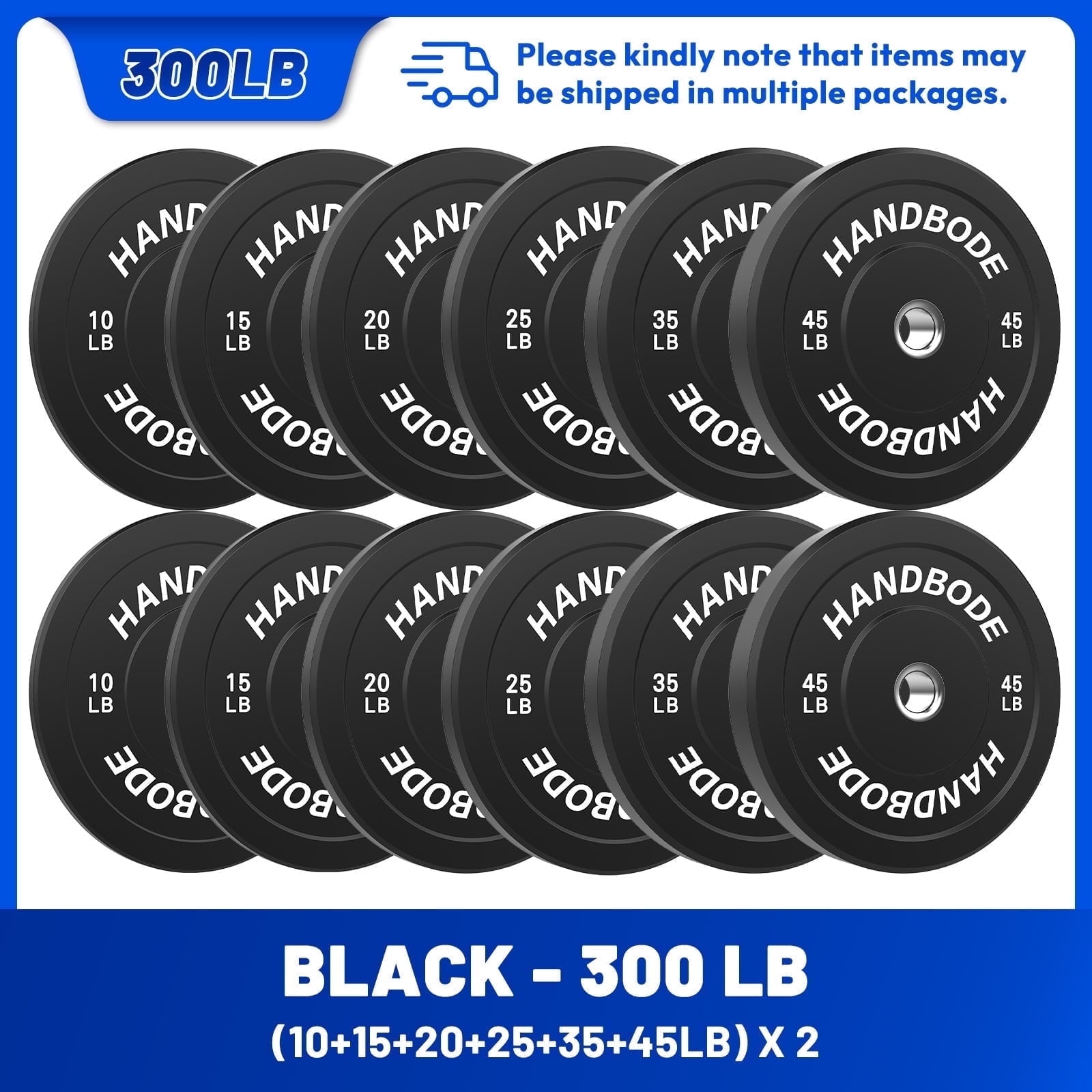 300LB Olympic Bumper Plate Set - 2 inch Steel Insert Black Rubber ...