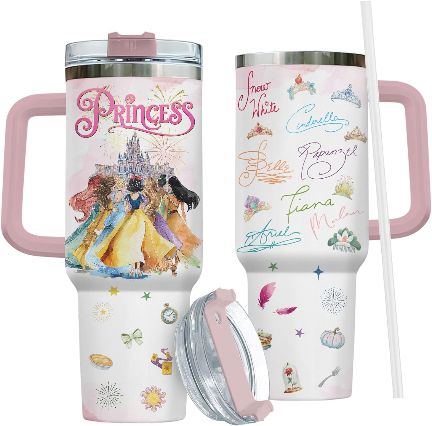 Bumpkit Princess Tumbler with Handle and Straw, Fairy Tale Castle ...