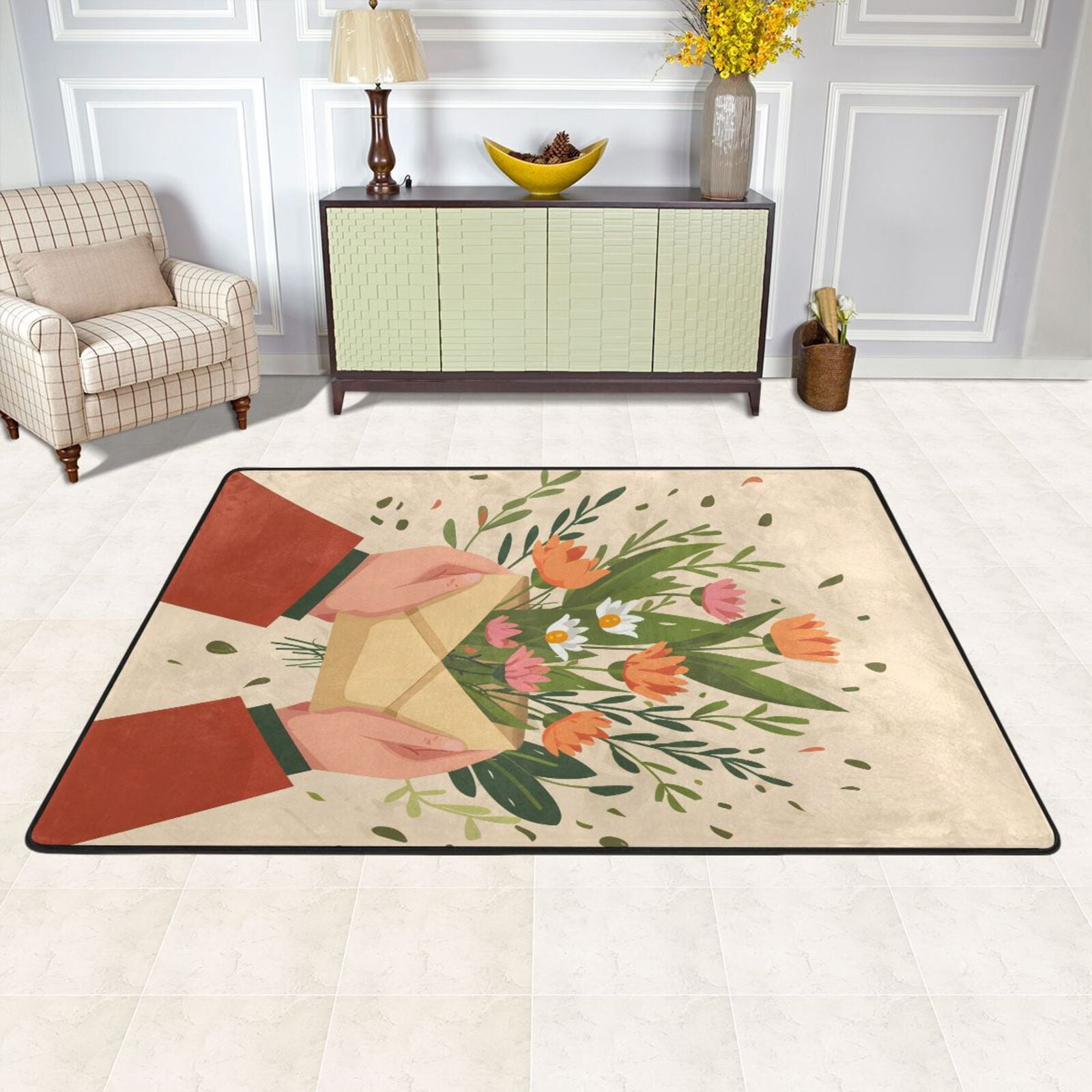 Bunch Of Flowers Hands Area Rug Washable 72 x 48 Floor Carpet Mat Non ...