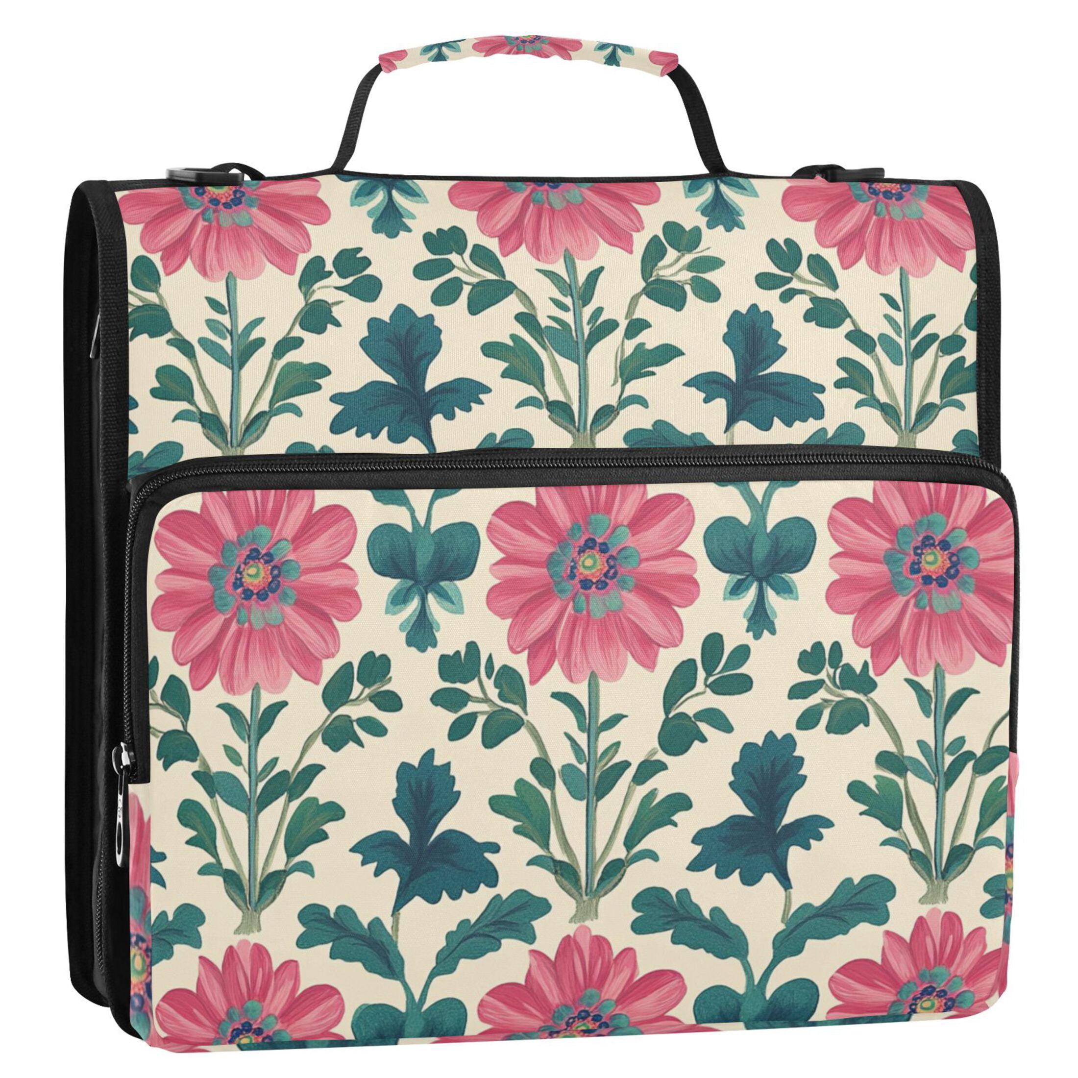 Bunches Of Pinkish Flowers Turquoise Leaves Binder Bag with Shoulder ...