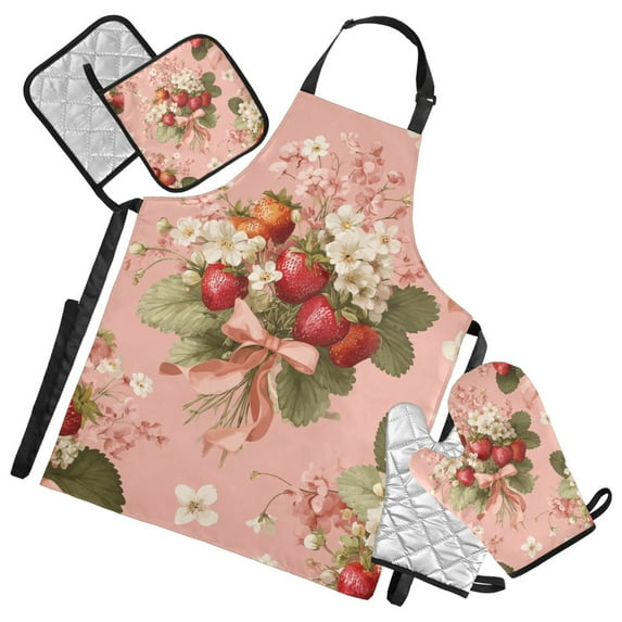 Bunches Of Strawberries Flowers with Bows Apron Set with Oven Mitts Pot ...