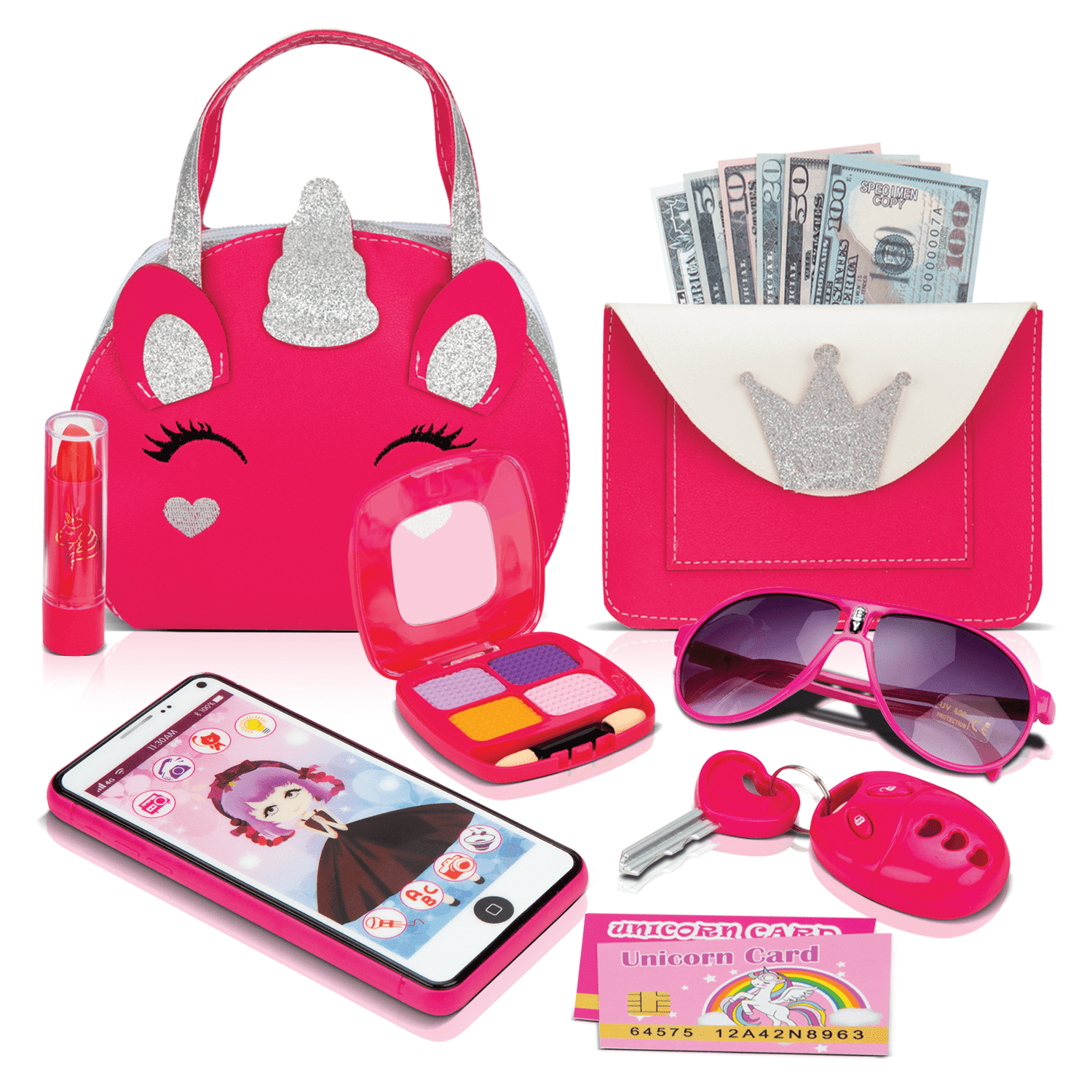 Bundaloo 15-Piece Unicorn Purse Set for Girls, Pretend Play Fashion ...