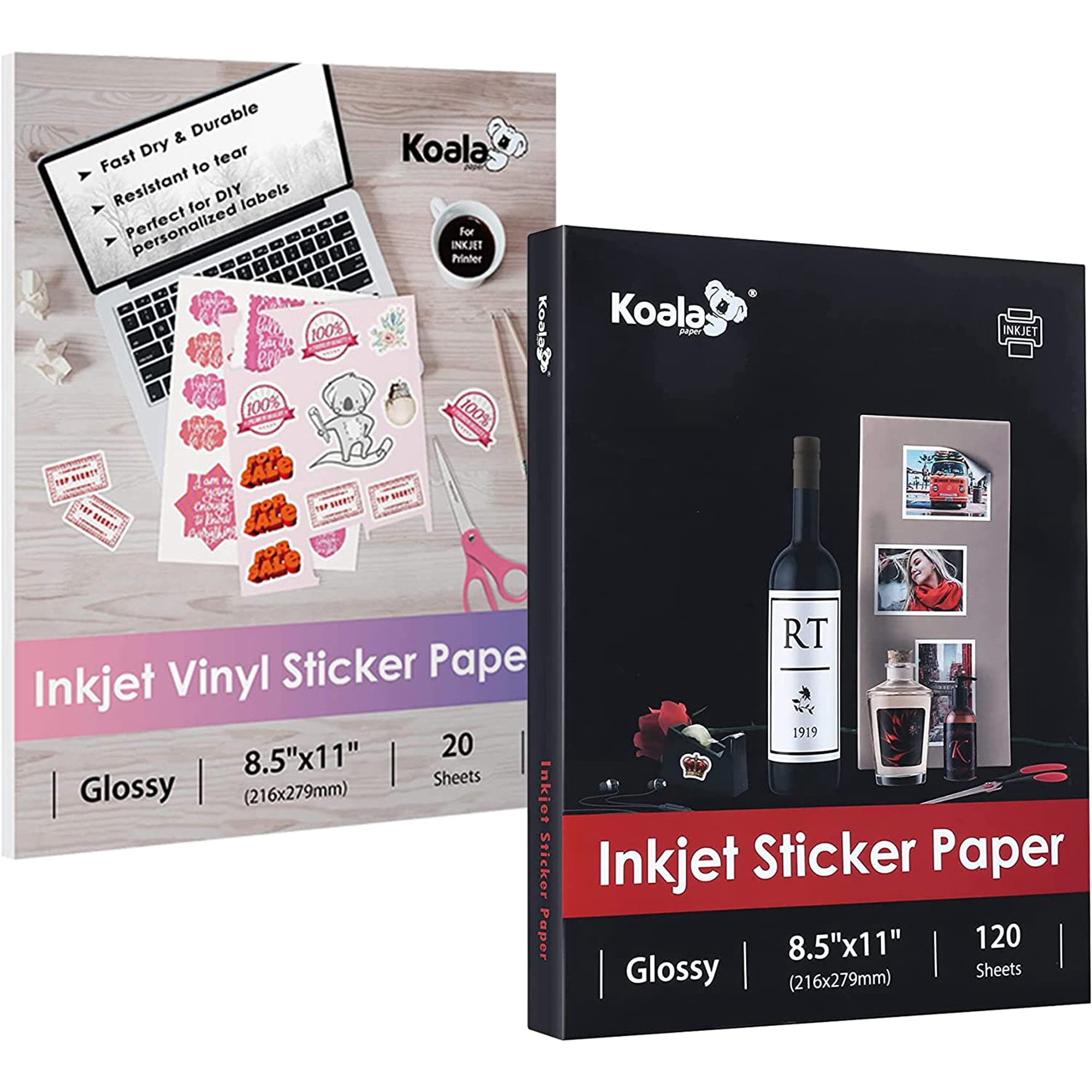 Koala Printable Adhesive Vinyl Sticker Paper, Glossy White, Waterproof, 140 Sheets for Inkjet ...
