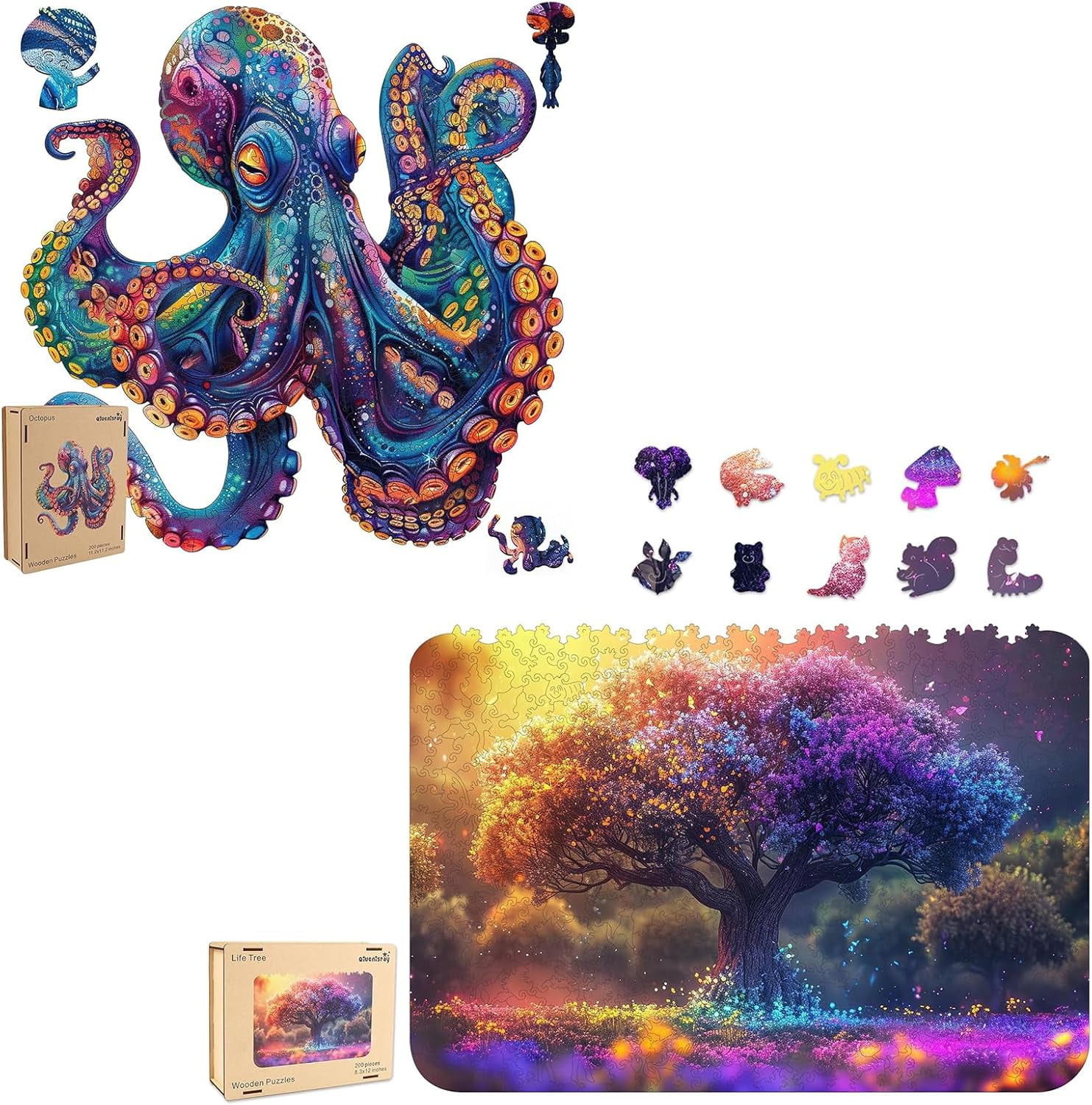 Bundle: Octopus & Tree of Life 200 Piece Wooden Jigsaw Puzzles for ...