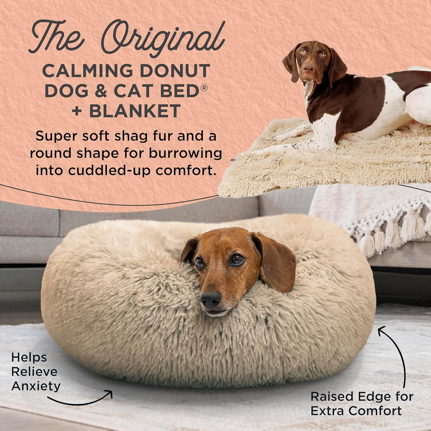 Bundle Set The Original Calming Shag Donut Cuddler Cat and Dog Bed ...