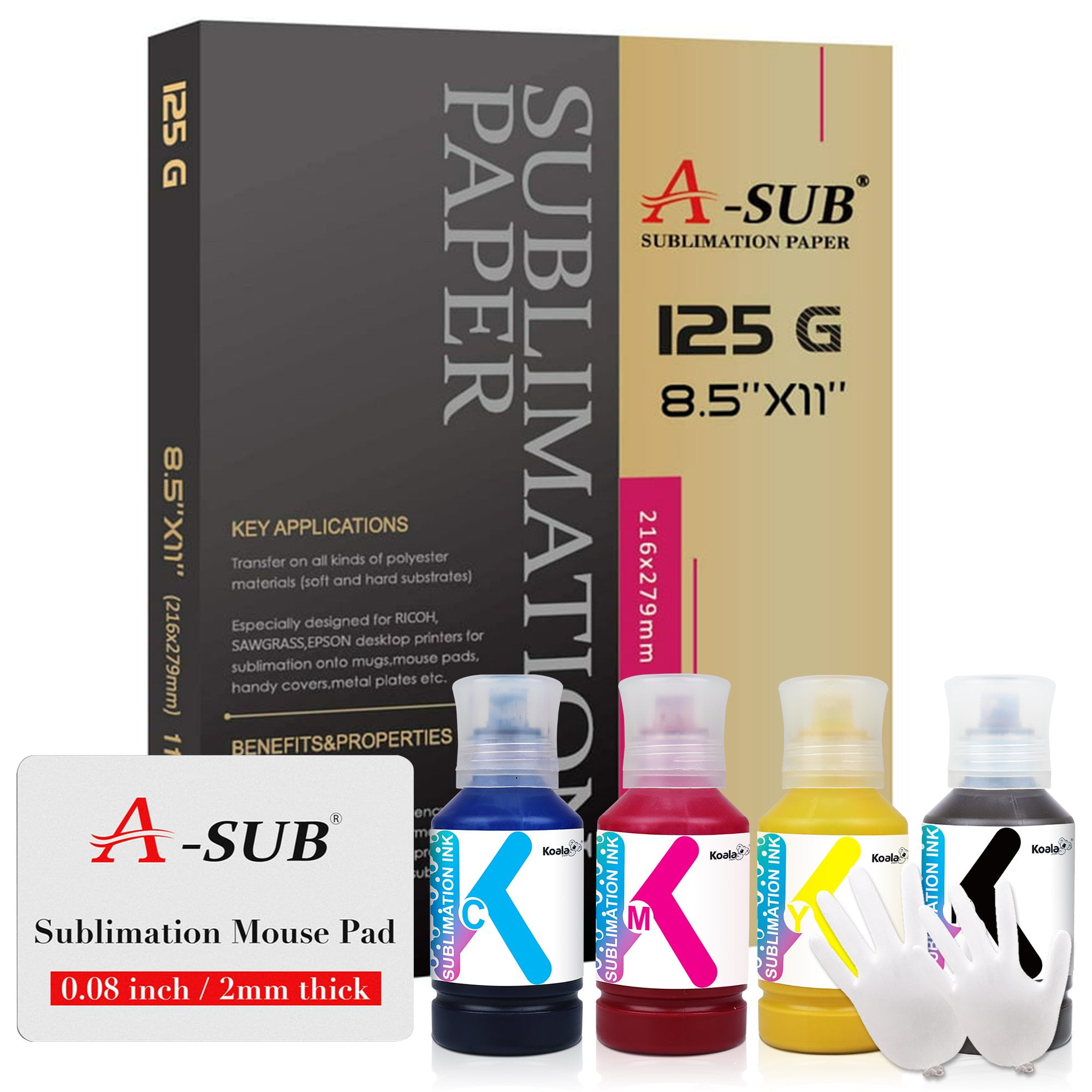 Bundle Starter Kit A-SUB Sublimation Paper 8.5x11 125g + 150MLx4 Sublimation Ink for Epson ...