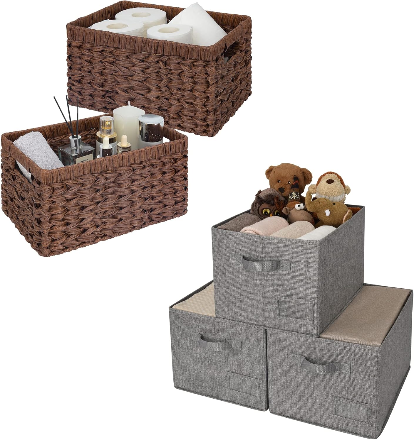 Bundle of 3-Pack Cloth Storage Boxes & 2-Pack Wicker Shelf Baskets ...