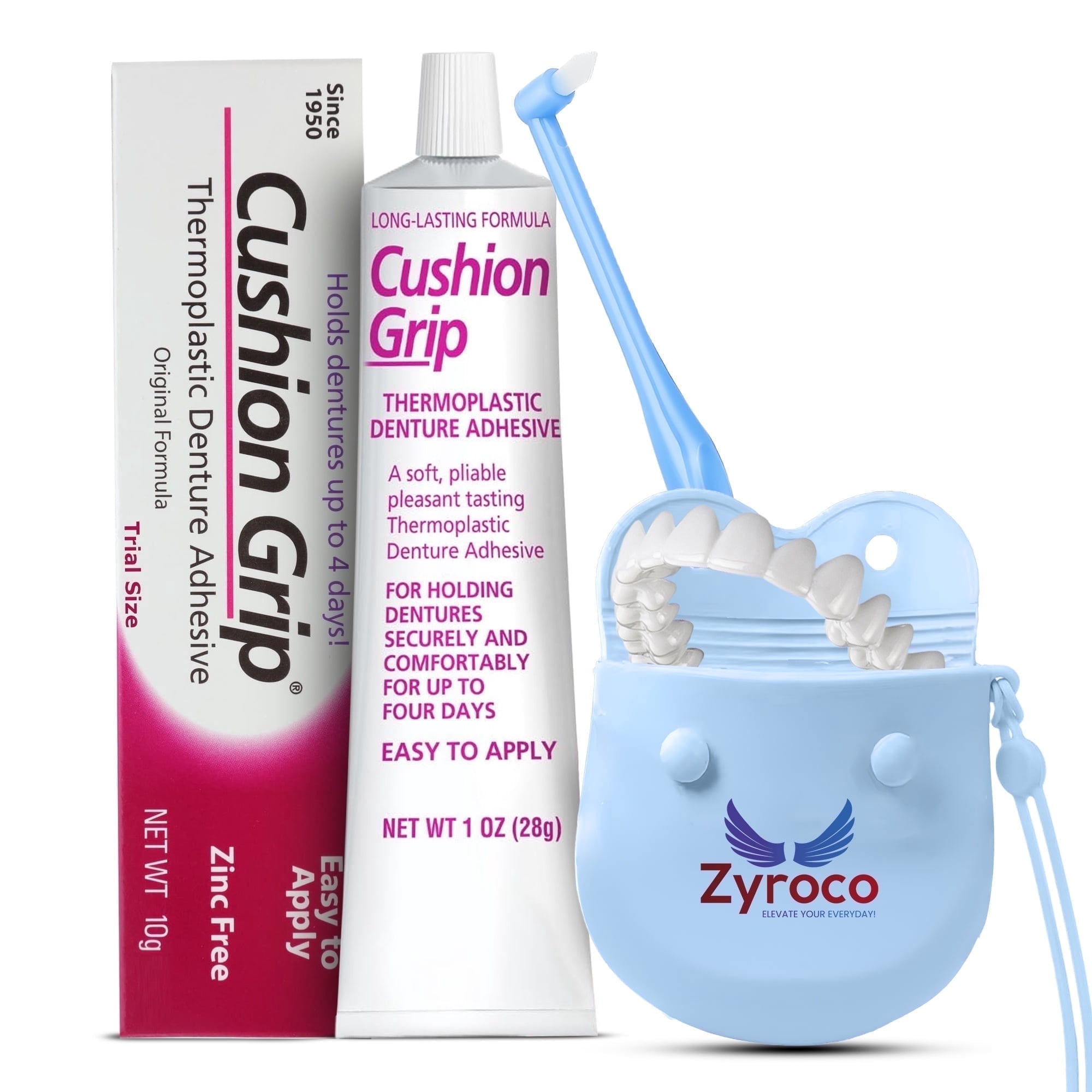ZYROCO Cushion Grip Denture Adhesive Kit, 1oz Waterproof Gel, Denture ...