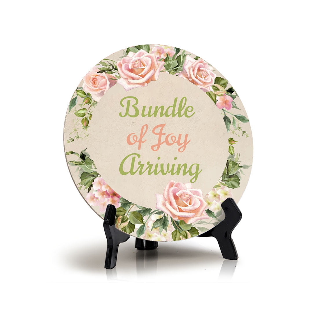 Bundle of Joy Arriving Baby Shower Decoration Circle 5x5" Table Sign ...