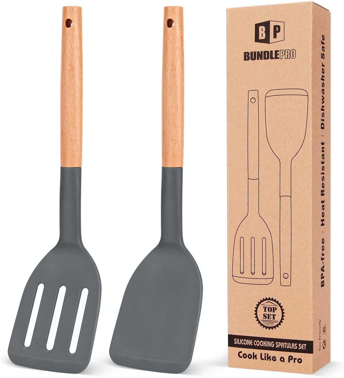 Bundlepro 2 Pack Silicone Cooking Spatula Set, Solid and Slotted Spatulas, Gray, Durable Wooden ...