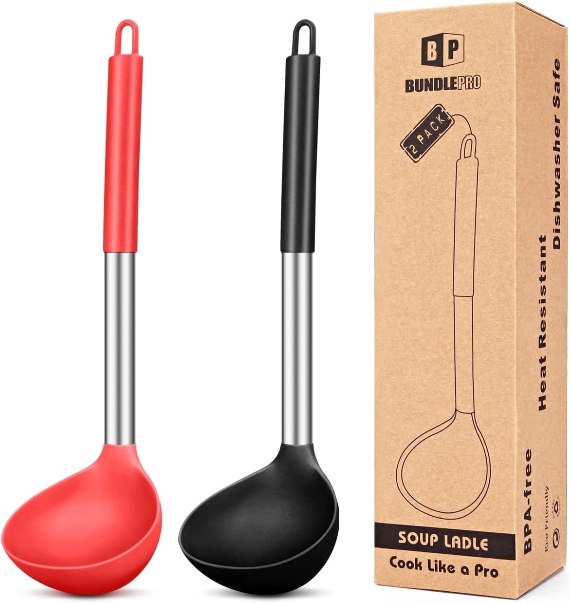 Bundlepro 2 Pack Silicone Large Deep Soup Ladles, Nonstick, Black Red ...