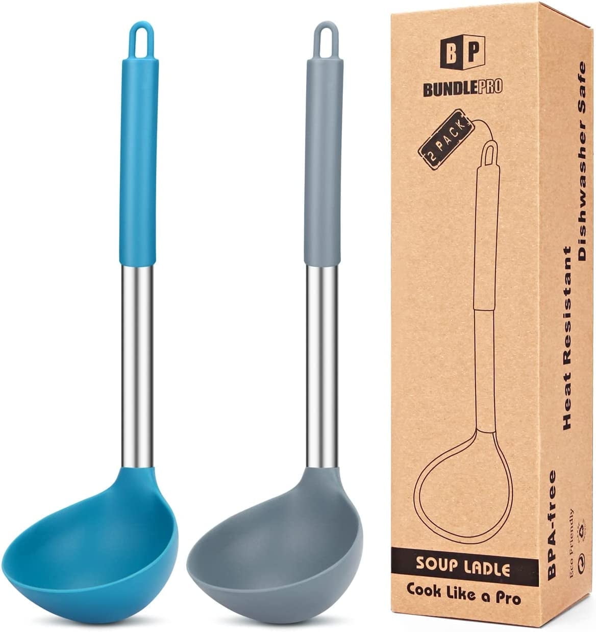 Bundlepro 2-Pack Silicone Ladle Spoons, Non-Stick, Heat-Resistant, Blue ...