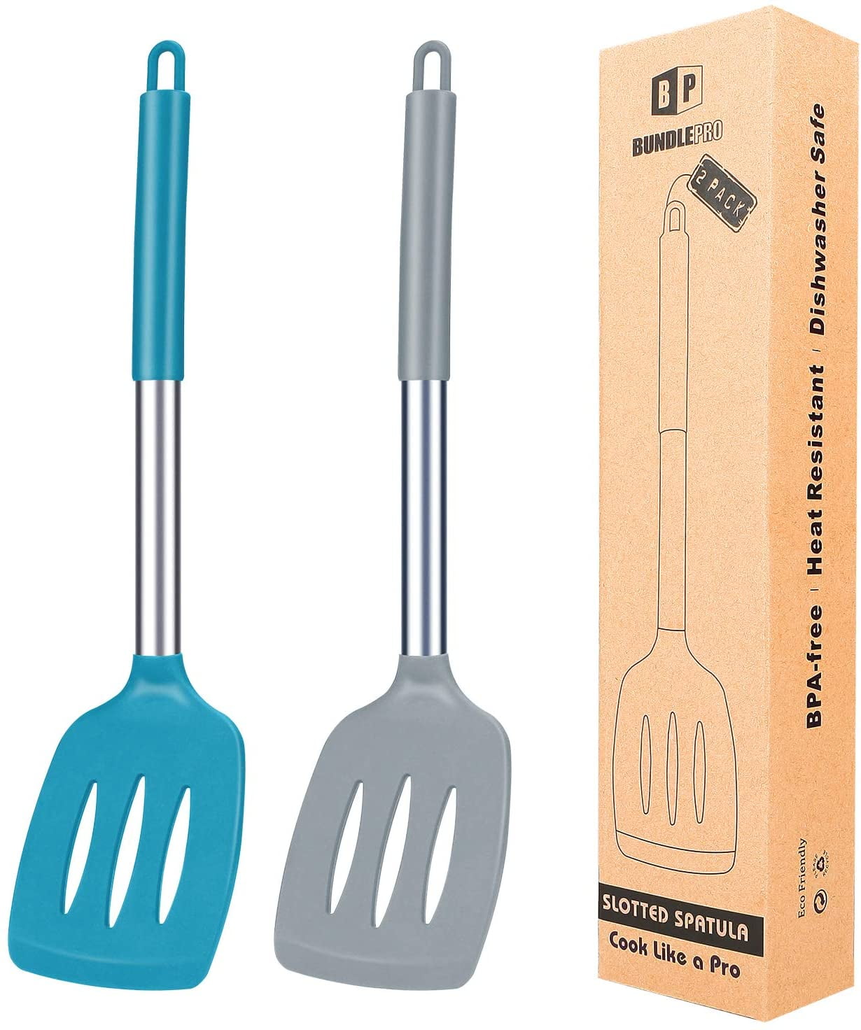 Bundlepro Cooking Utensil Set, 2 Pack Silicone Slotted Spatula, Non ...