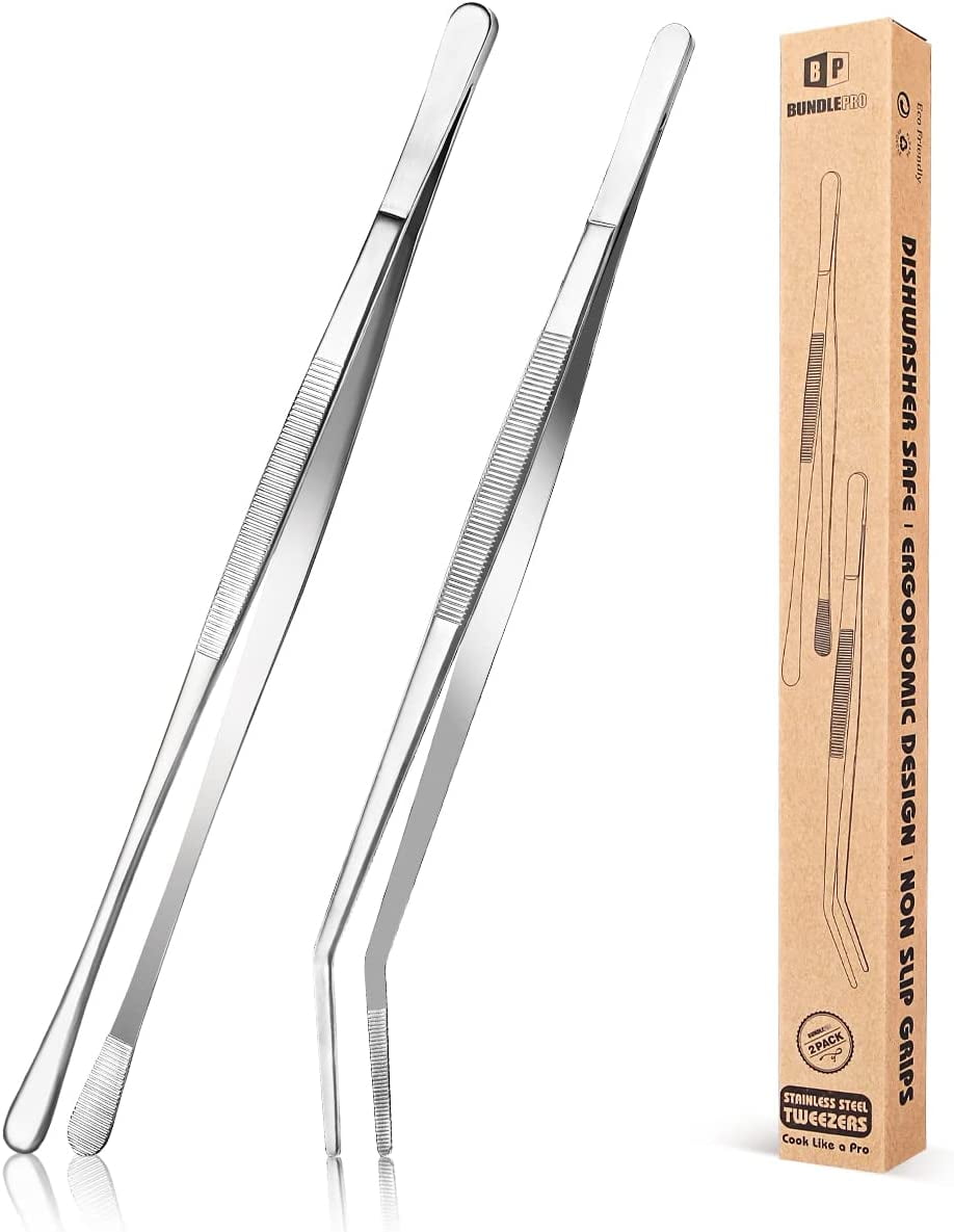 Bundlepro 2 Pcs Kitchen Fine Tweezer Tongs,12'' Stainless Steel Long ...