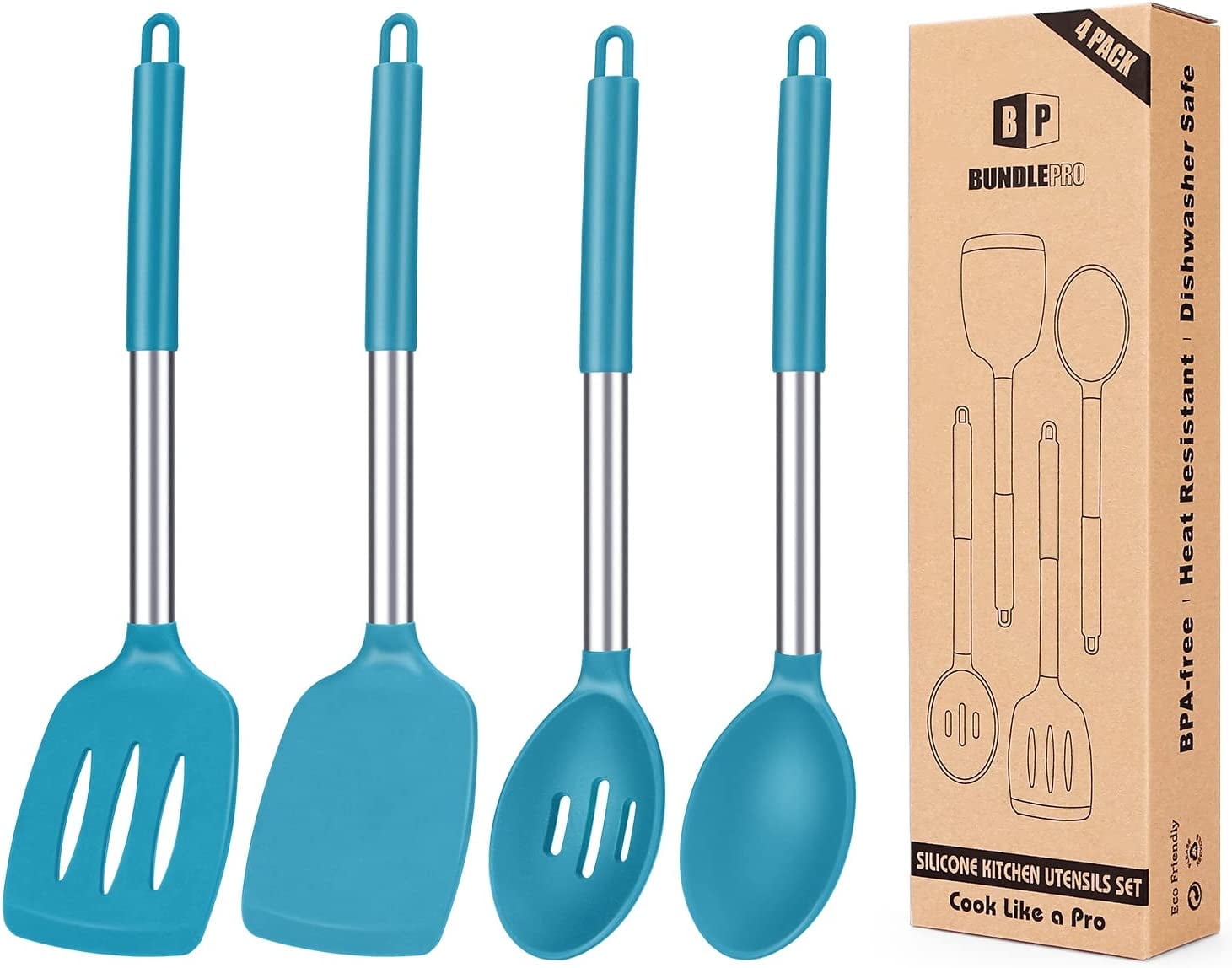 Bundlepro 4 Pack Heat-Resistant Food-Grade Silicone Kitchen Utensils ...
