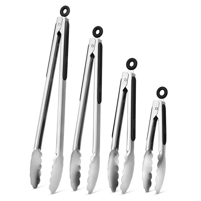 Bundlepro 4 Pack Kitchen Tongs, Stainless Steel, 7/9/12/14 inch, Black ...