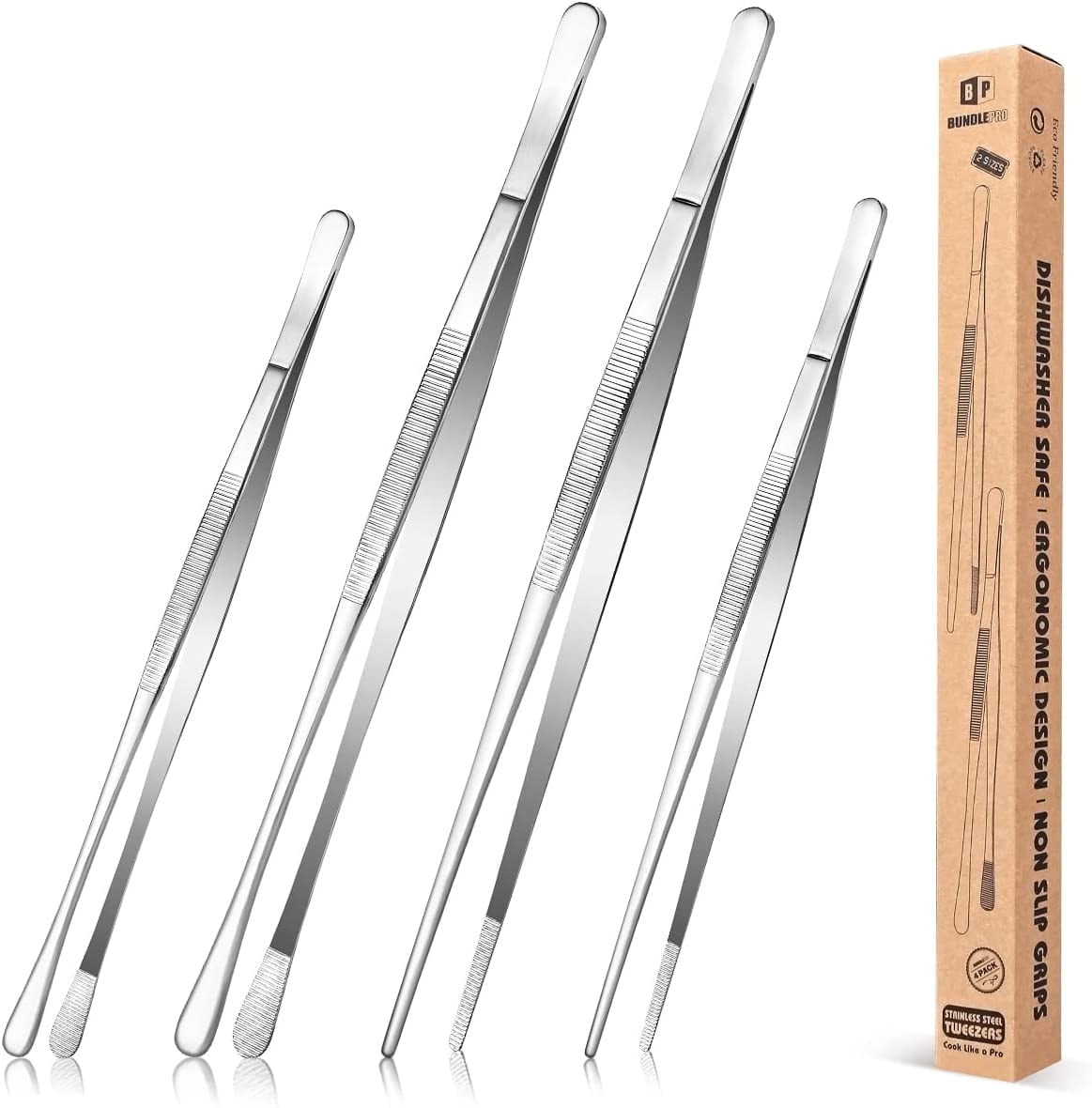 Bundlepro 4 Pcs Kitchen Tongs, Stainless Steel Cooking Tweezers, 10 ...
