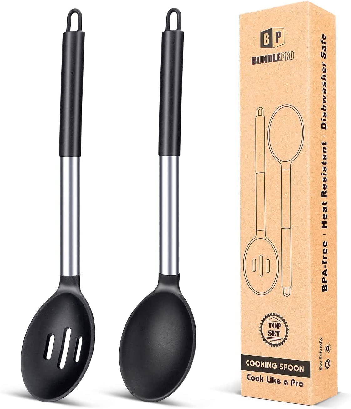 Bundlepro 2 Pack, Heat Resistant Silicone Cooking Spoons Set, Non-Stick Basting & Stirring ...