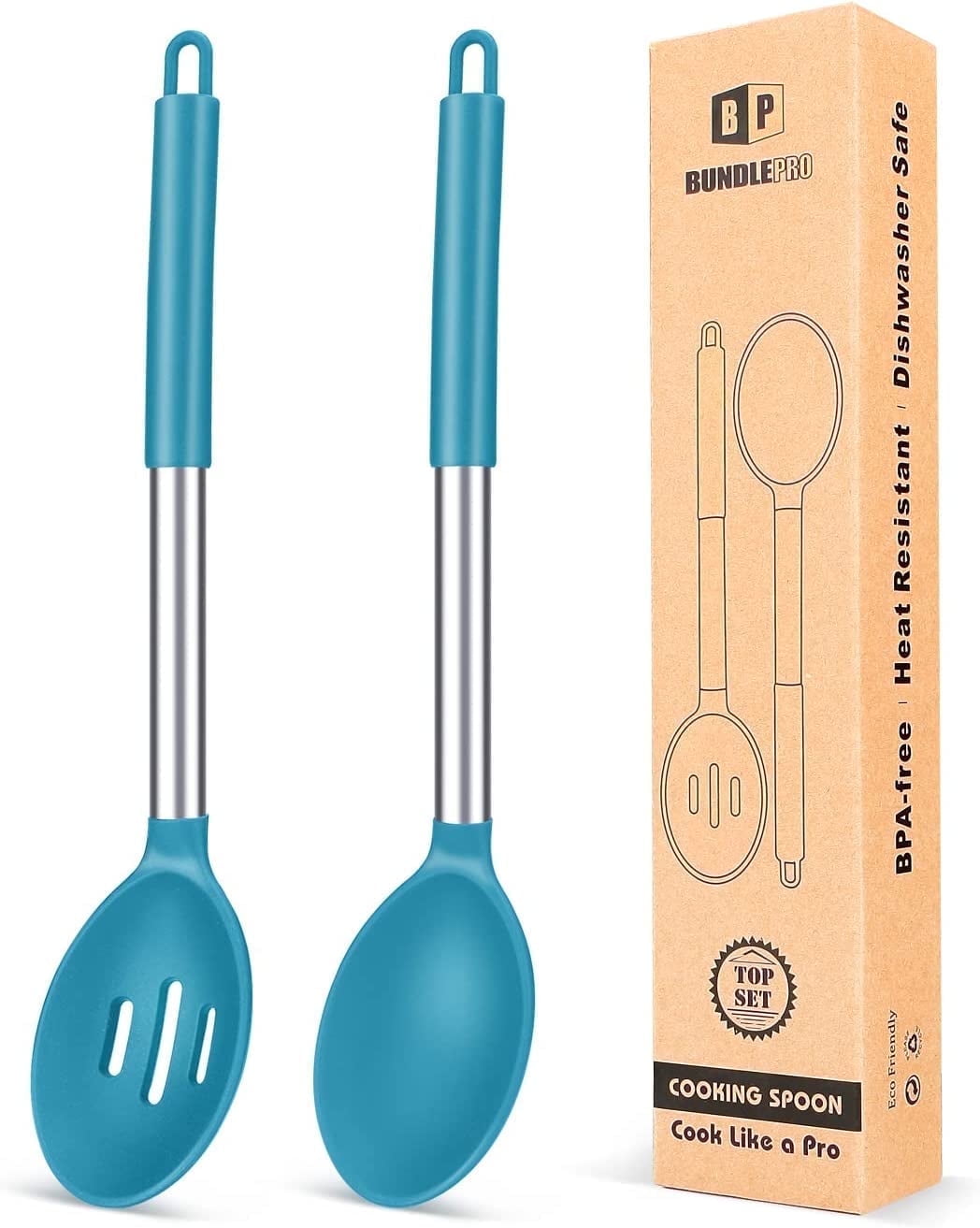 Bundlepro Silicone Large and Small Slot and Solid Cooking Spoons, Blue ...